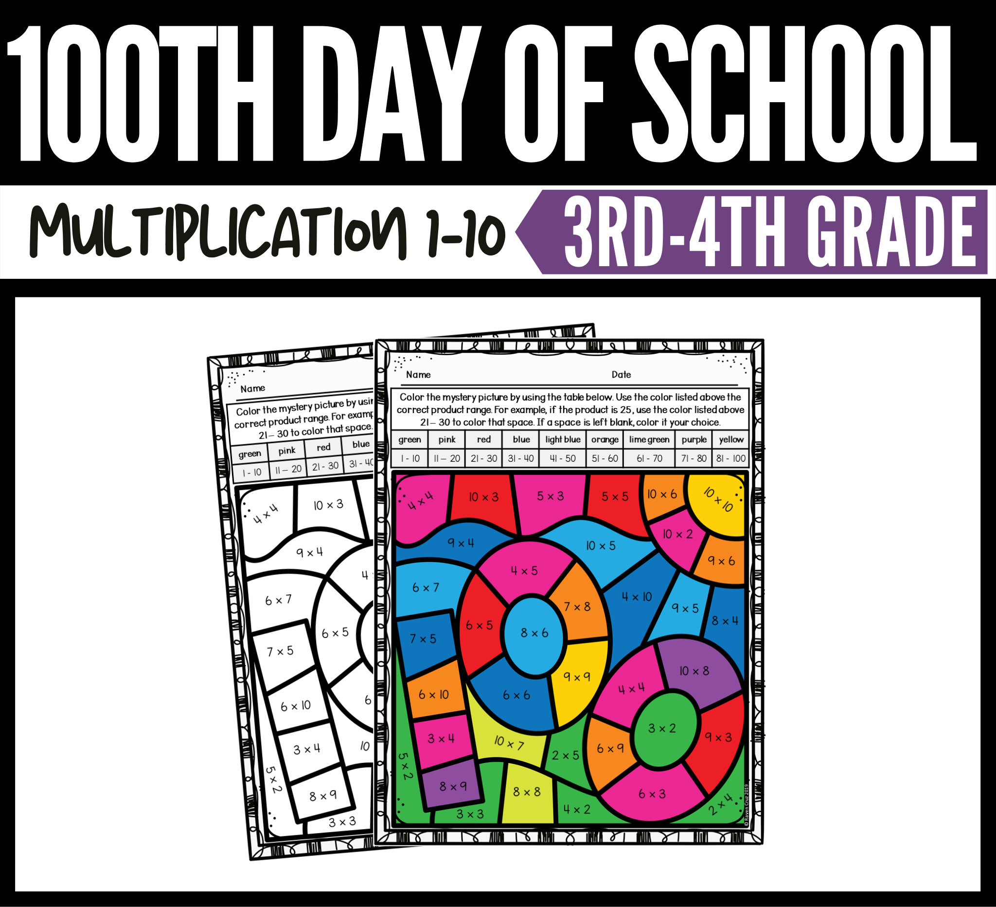 100 Days of School Multiplication Color by Number Worksheets for 3rd ...