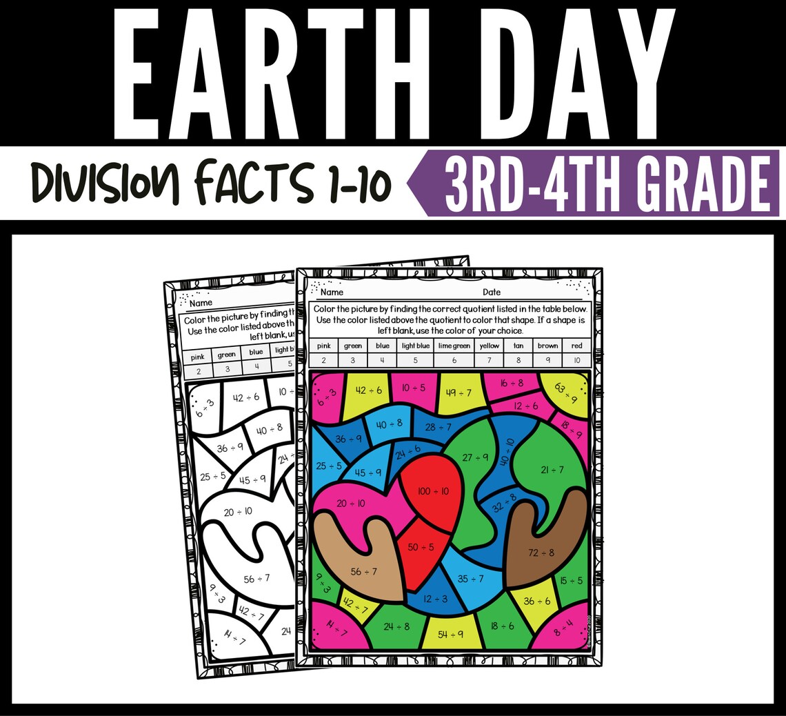 Earth Day Division Color by Number Worksheets for 3rd Grade and 4th ...