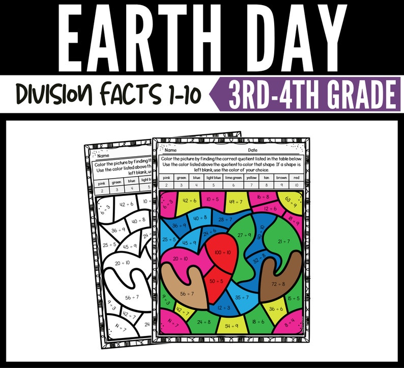 Earth Day Division Color by Number Worksheets for 3rd Grade and 4th ...