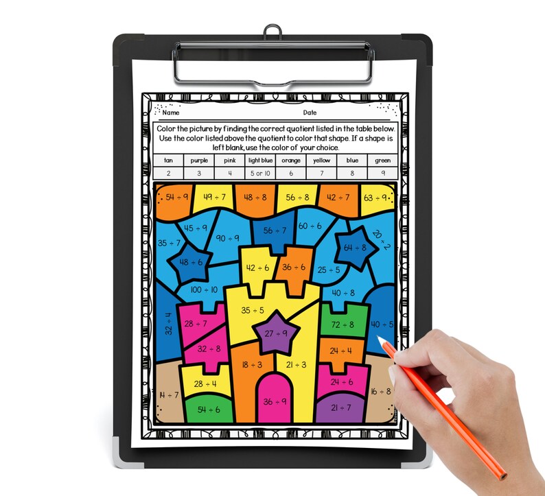 Beach Themed Division Color by Number Worksheets for 3rd Grade and 4th ...