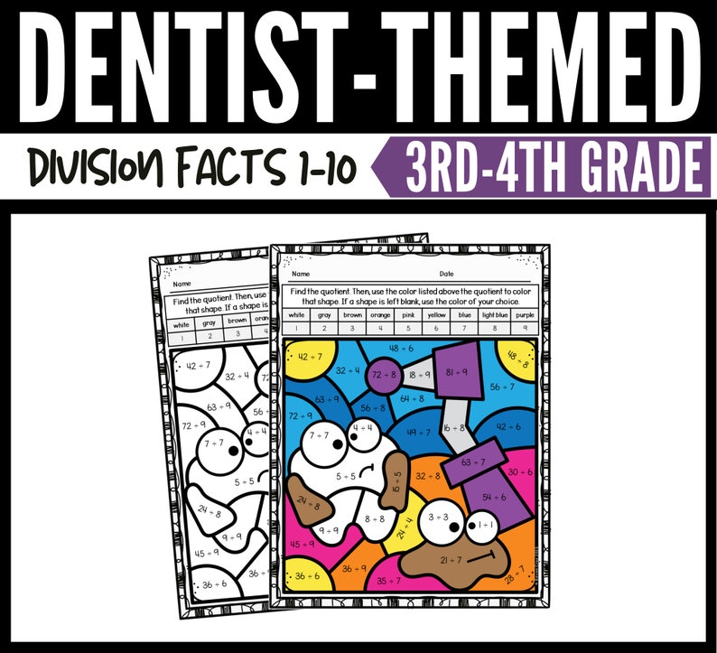 Dentist and Tooth Fairy Themed Division Color by Number Worksheets for ...