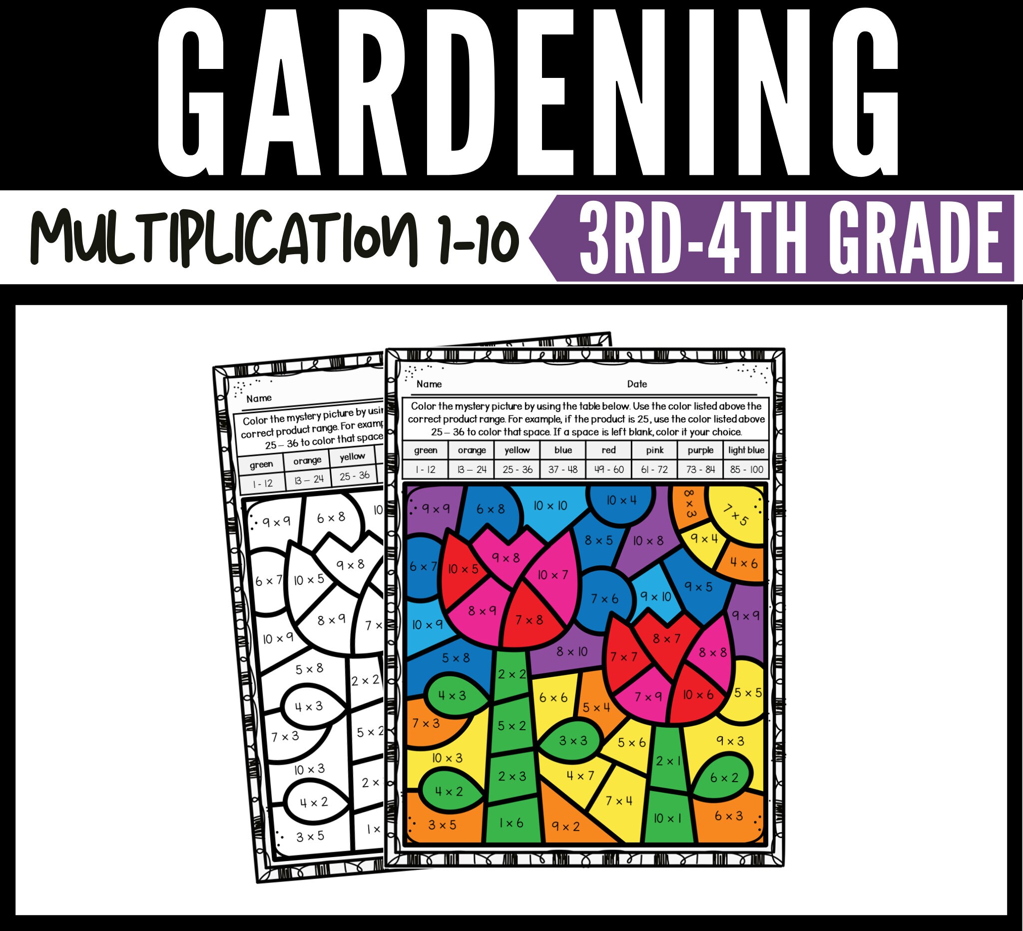 Gardening Multiplication Color by Number Worksheets for 3rd Grade and ...
