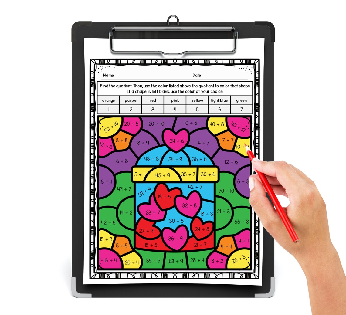 Valentine's Day Color by Number Division Worksheets for 3rd Grade and ...