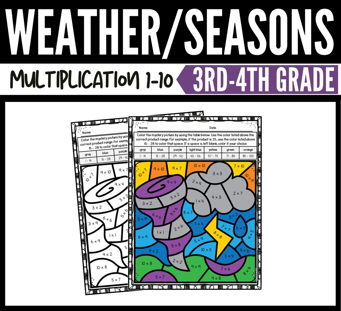 Weather and Season Multiplication Color by Number Worksheets 3rd Grade ...