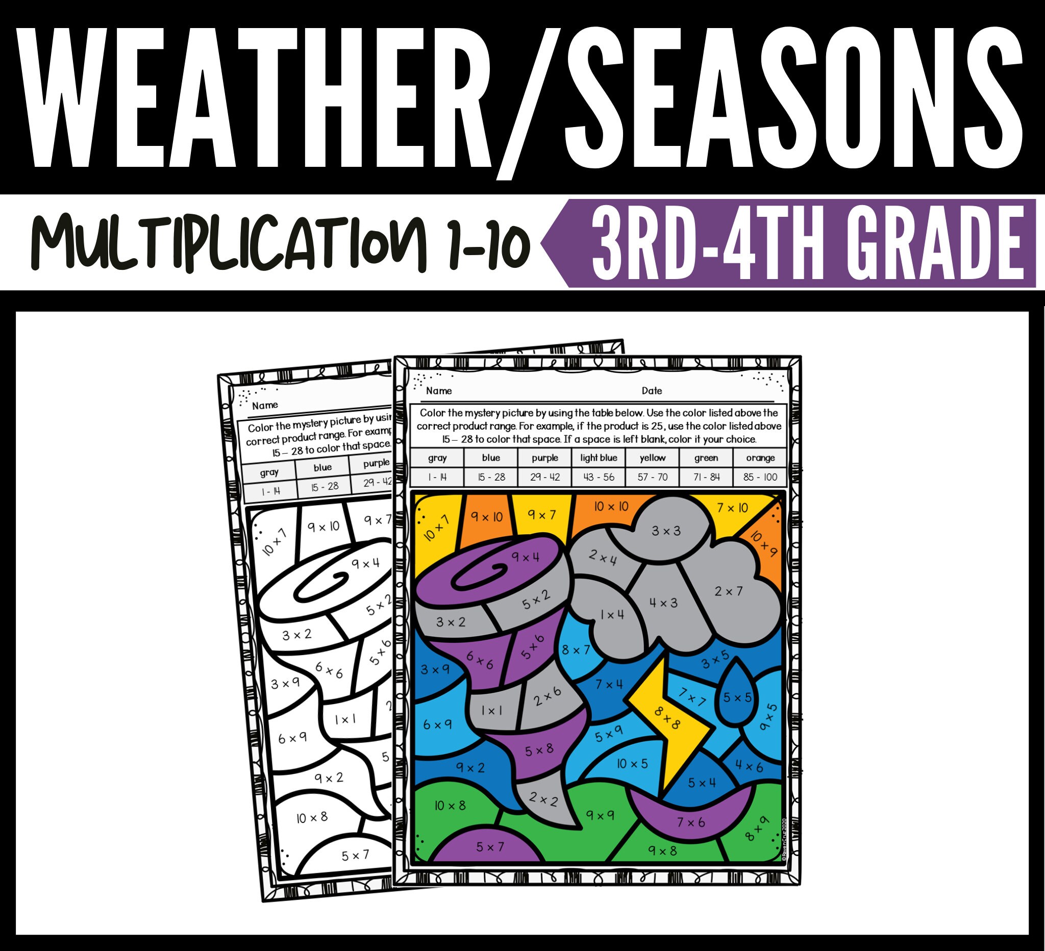 Weather and Season Multiplication Color by Number Worksheets | 3rd ...