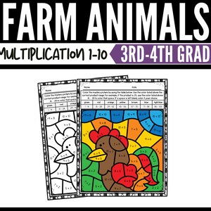 Farm Animals Multiplication Color by Number Worksheets | 3rd Grade Math ...