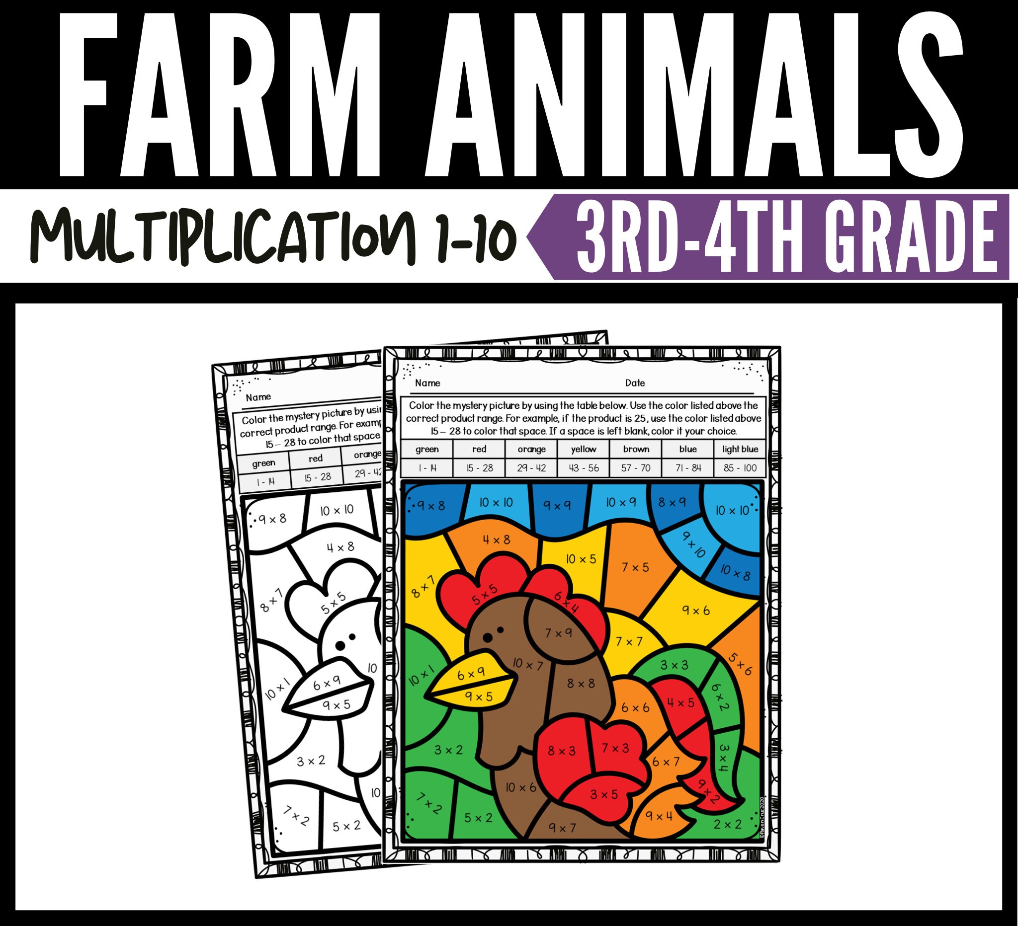 Farm Animals Multiplication Color by Number Worksheets 3rd Grade Math ...