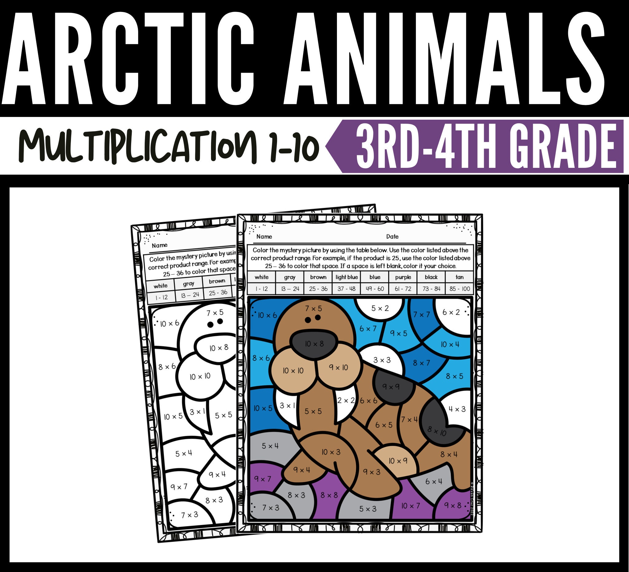 Arctic Animals Multiplication Color by Number Activity for 3rd-grade ...