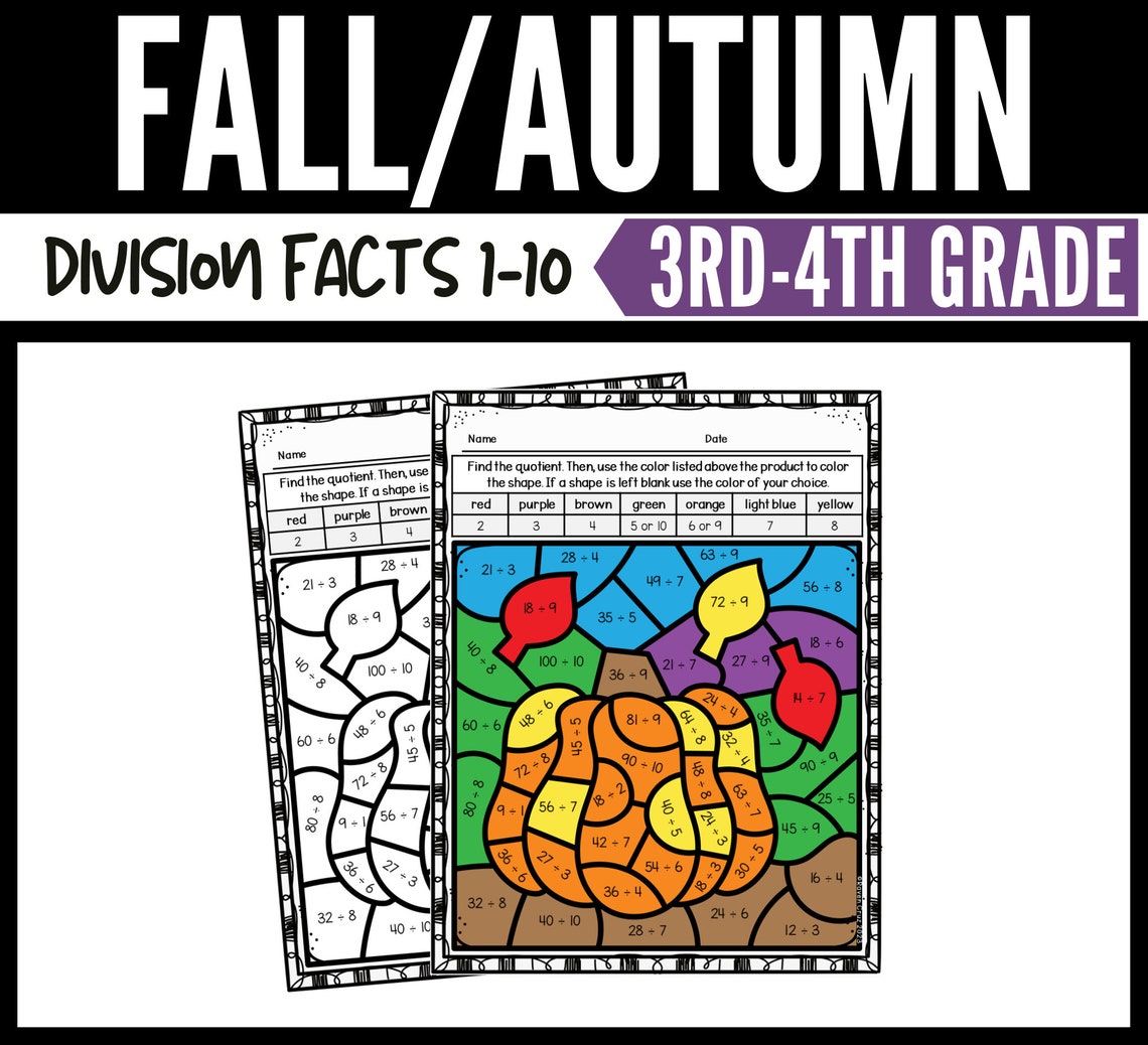 Fall Division Color by Number Worksheets for 3rd Grade and 4th Grade ...
