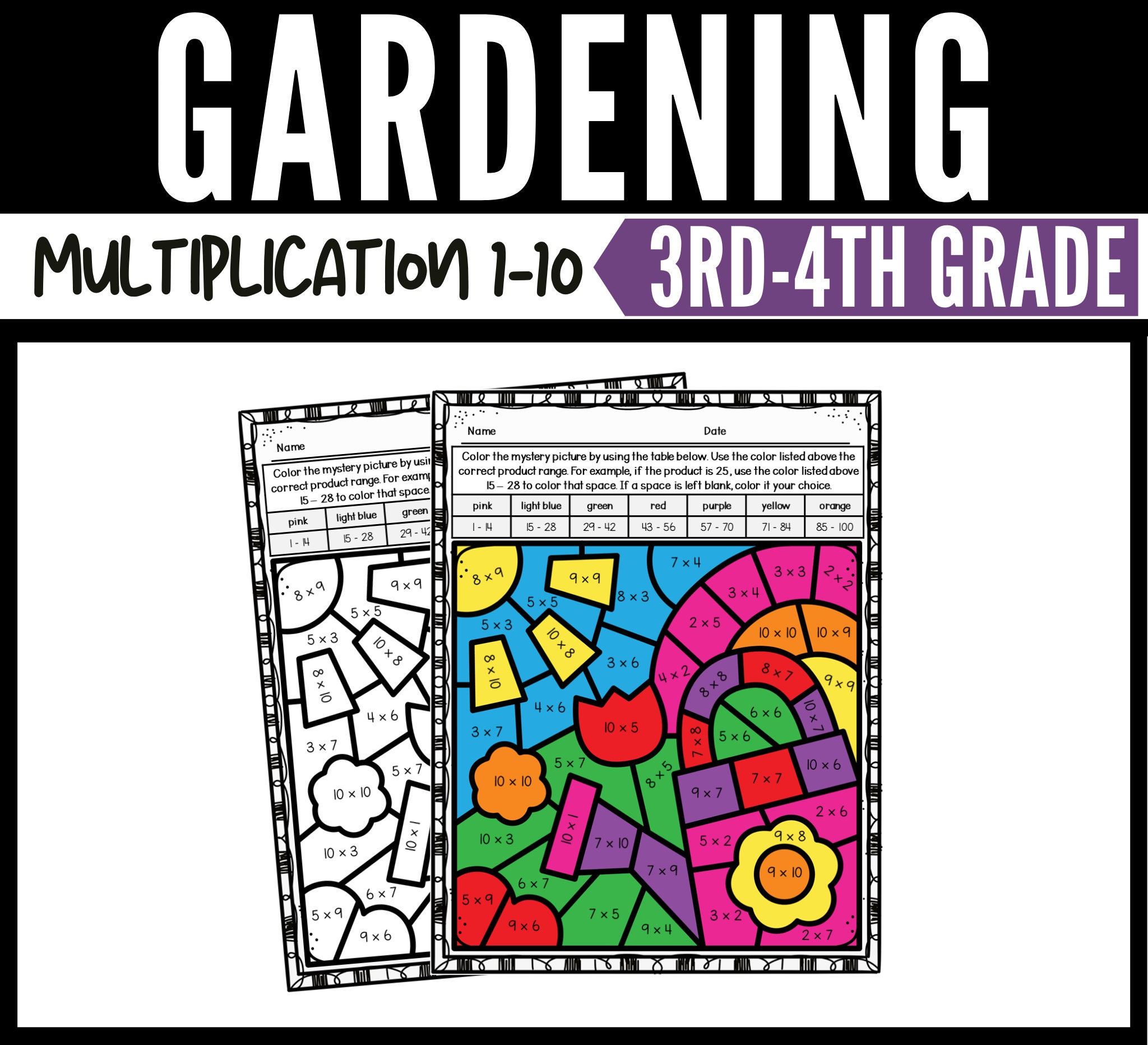 Gardening Multiplication Color by Number Worksheets for 3rd Grade and ...