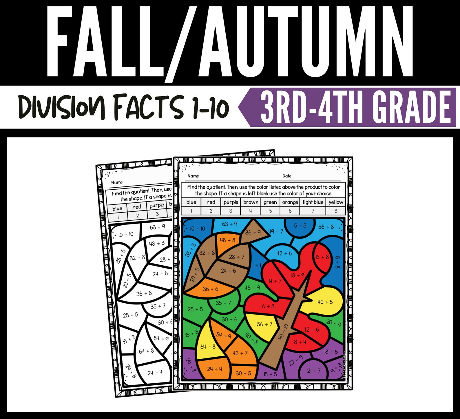 Fall Division Color by Number Worksheets for 3rd Grade and 4th Grade ...