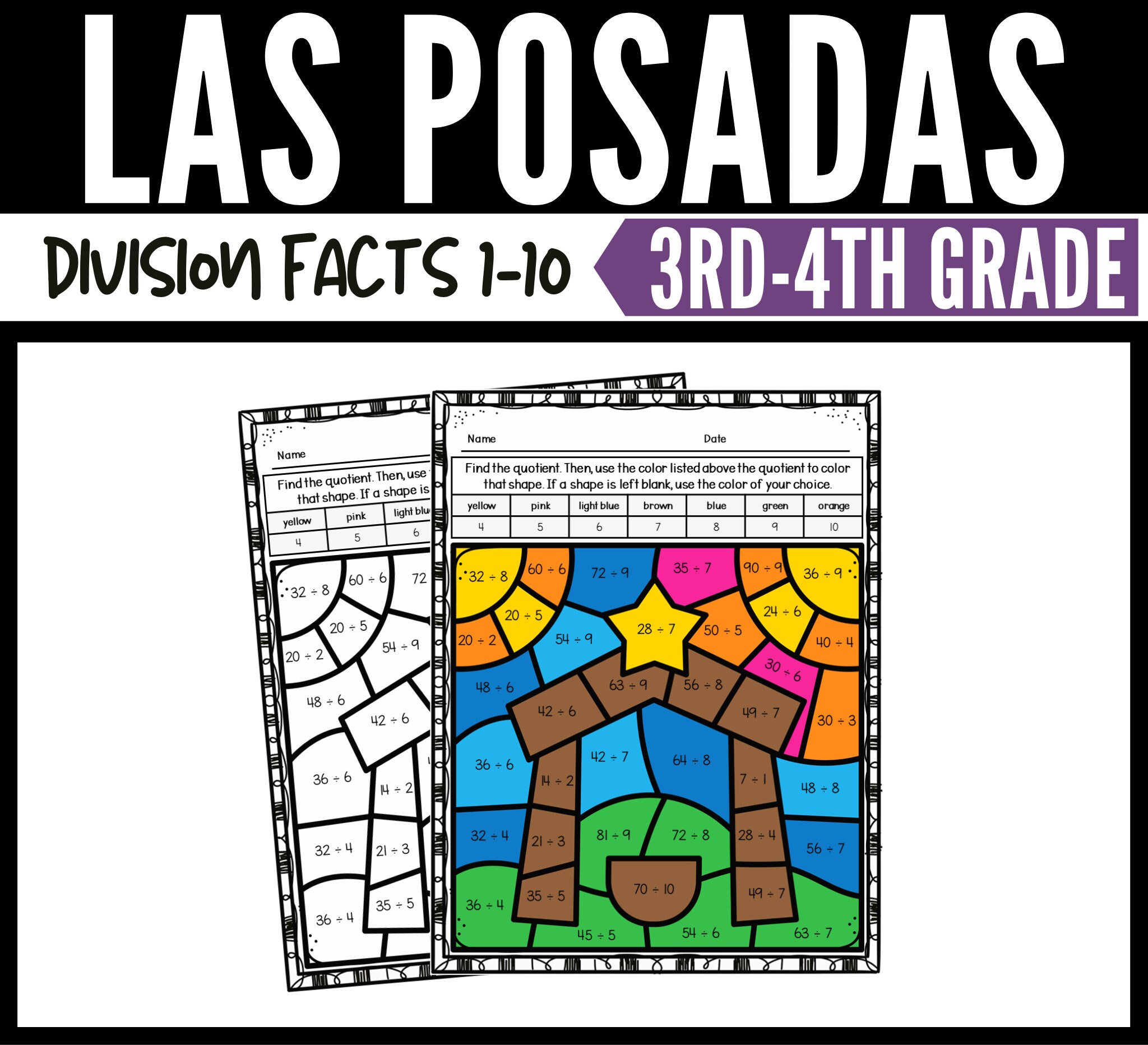 Las Posadas Color by Number Division Worksheets | Mexican Christmas ...
