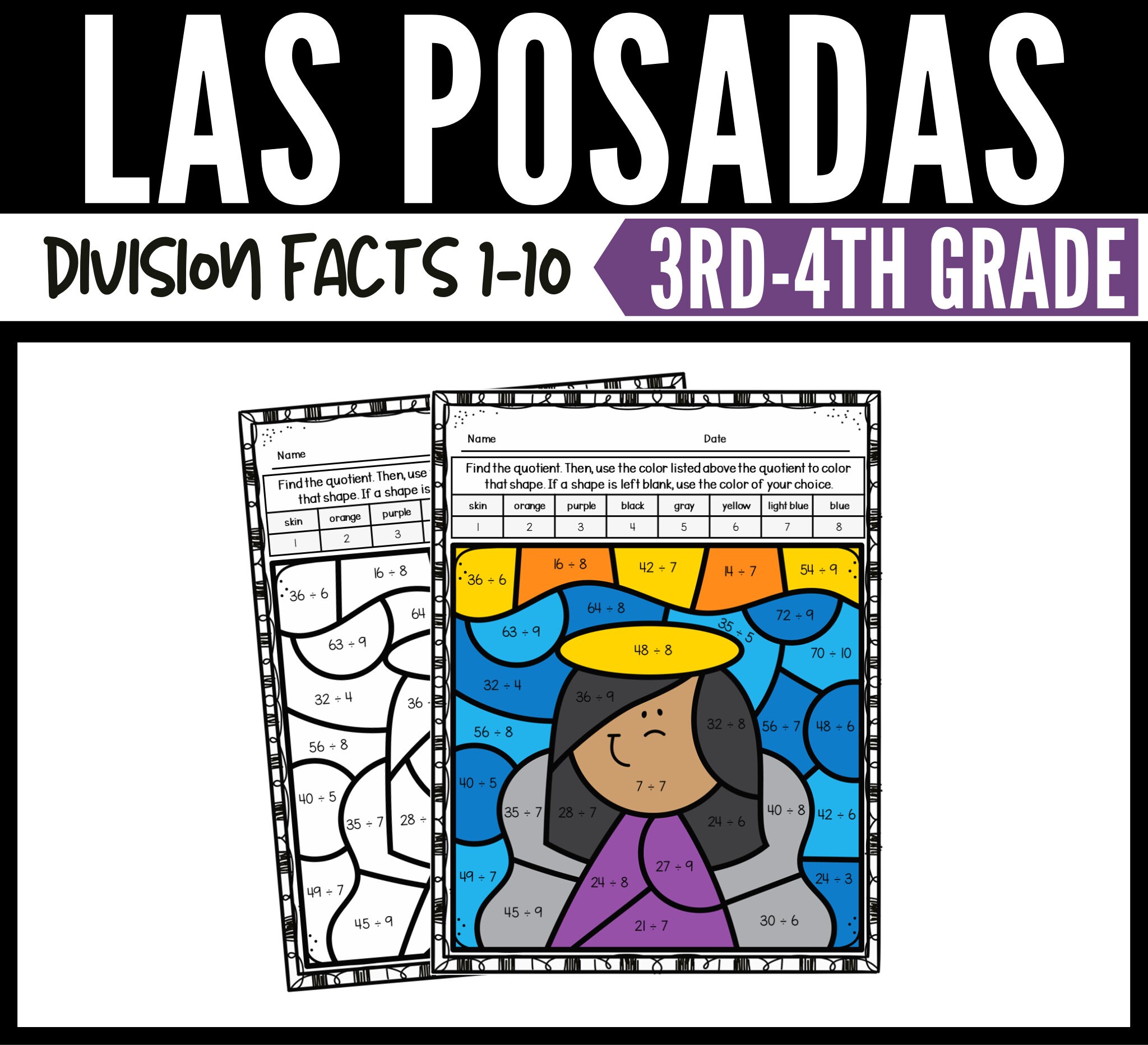 Las Posadas Color by Number Division Worksheets | Mexican Christmas ...