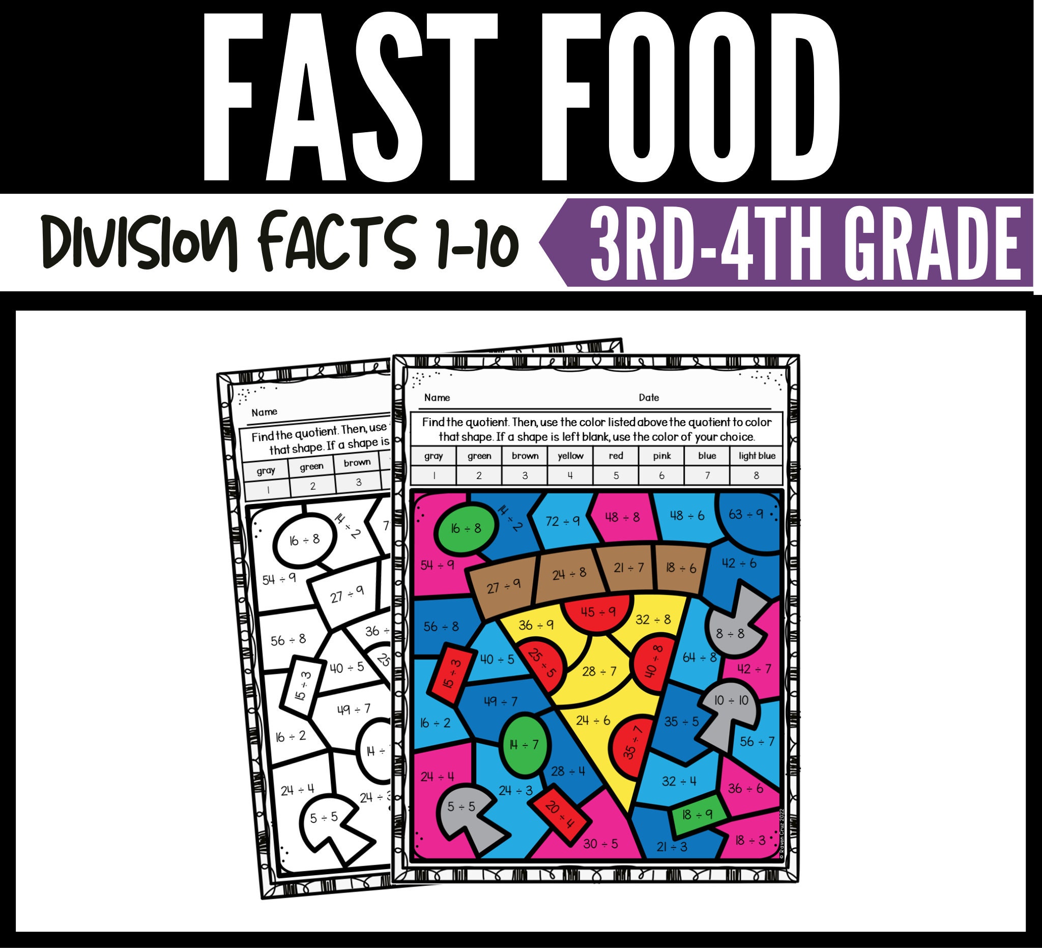 Fast Food Division Color by Number Worksheets | 3rd Grade Division ...