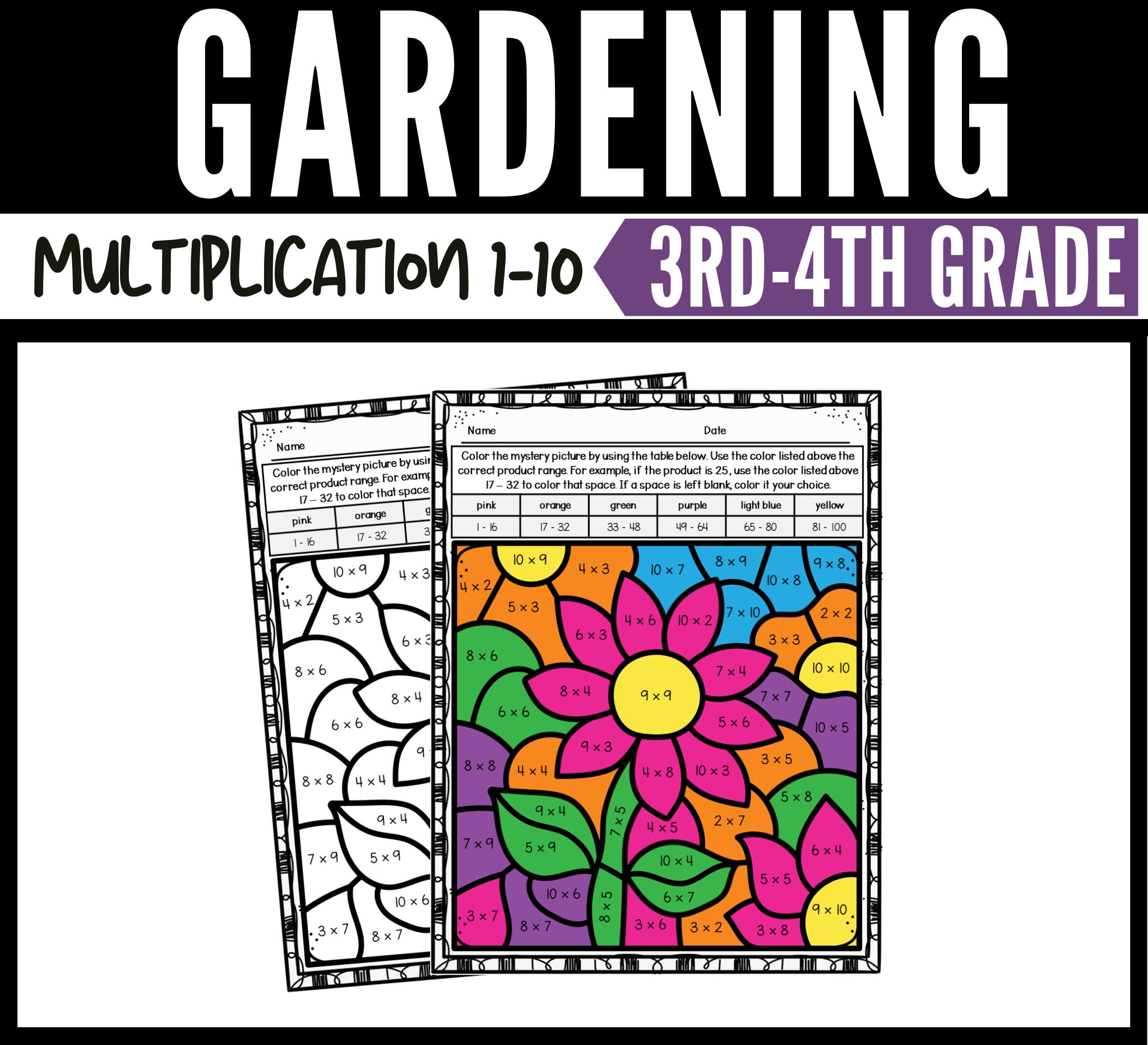 Gardening Multiplication Color by Number Worksheets for 3rd Grade and ...