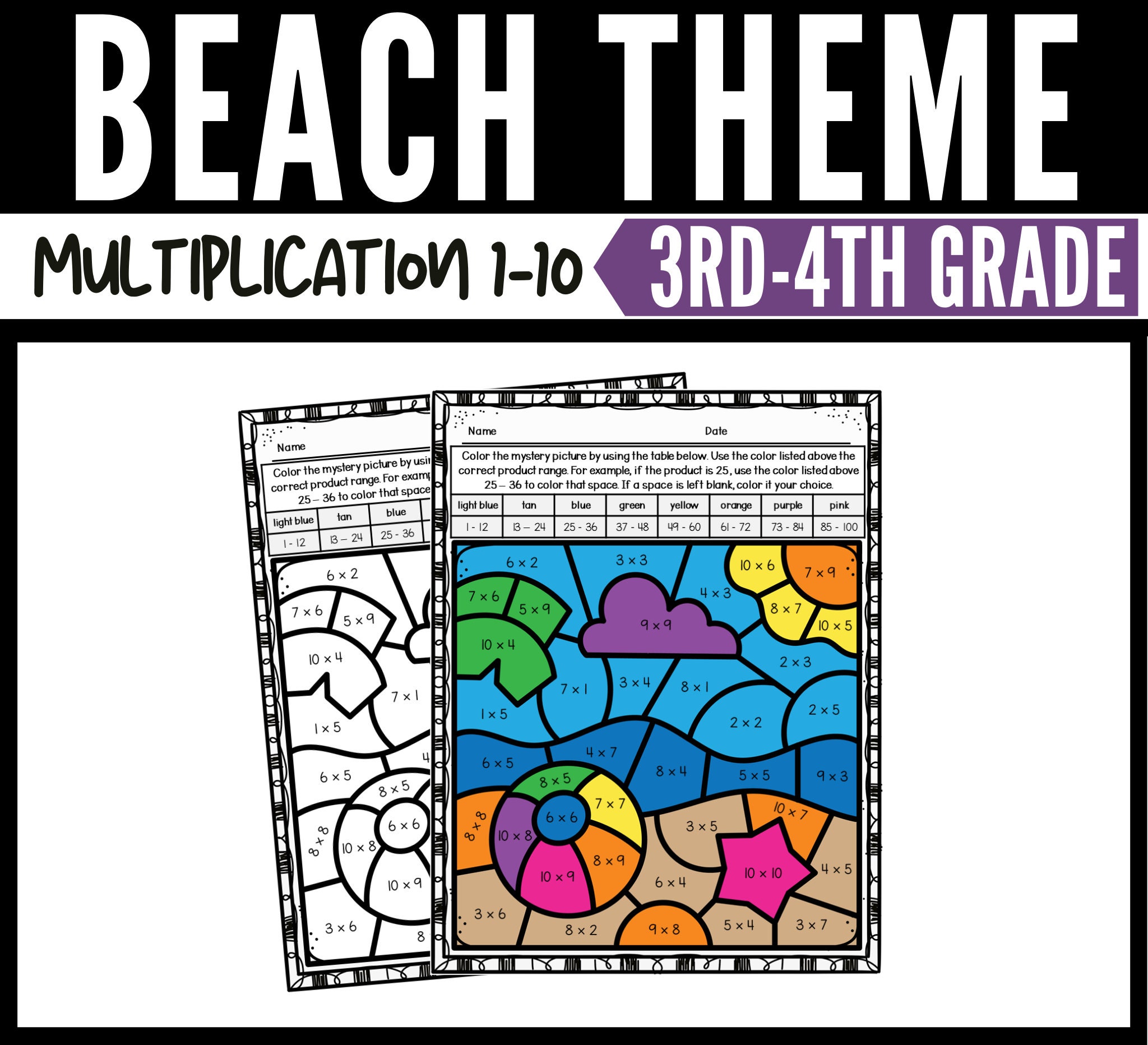 Beach Themed Multiplication Color by Number Worksheets for 3rd - Etsy