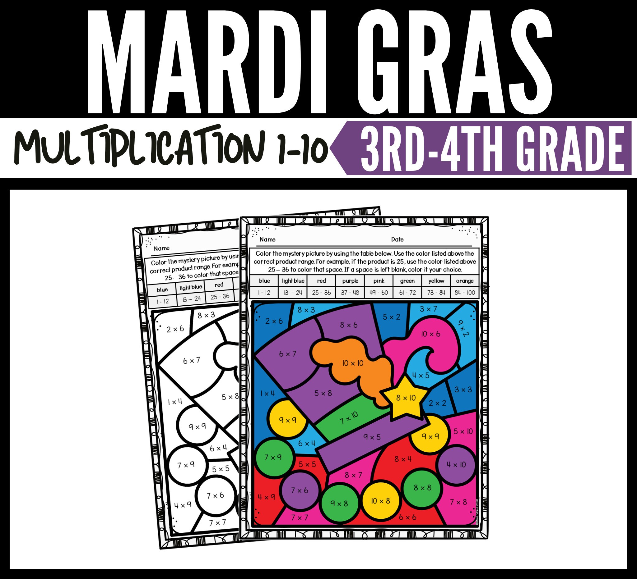 Mardi Gras Color by Number Multiplication Worksheets for 3rd-grade and ...