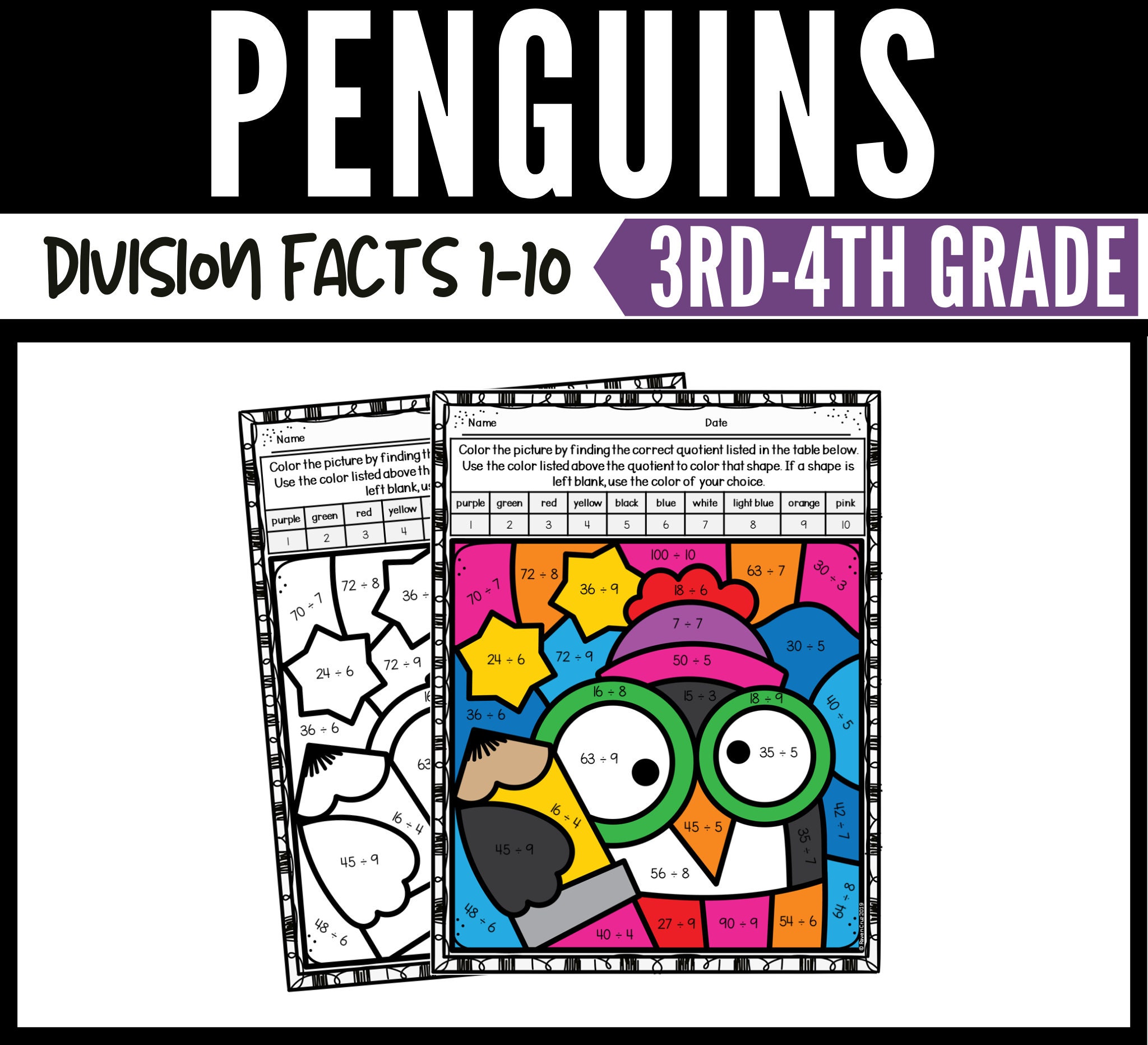 Penguins Division Color by Number Worksheets Activity for 3rd-grade and ...