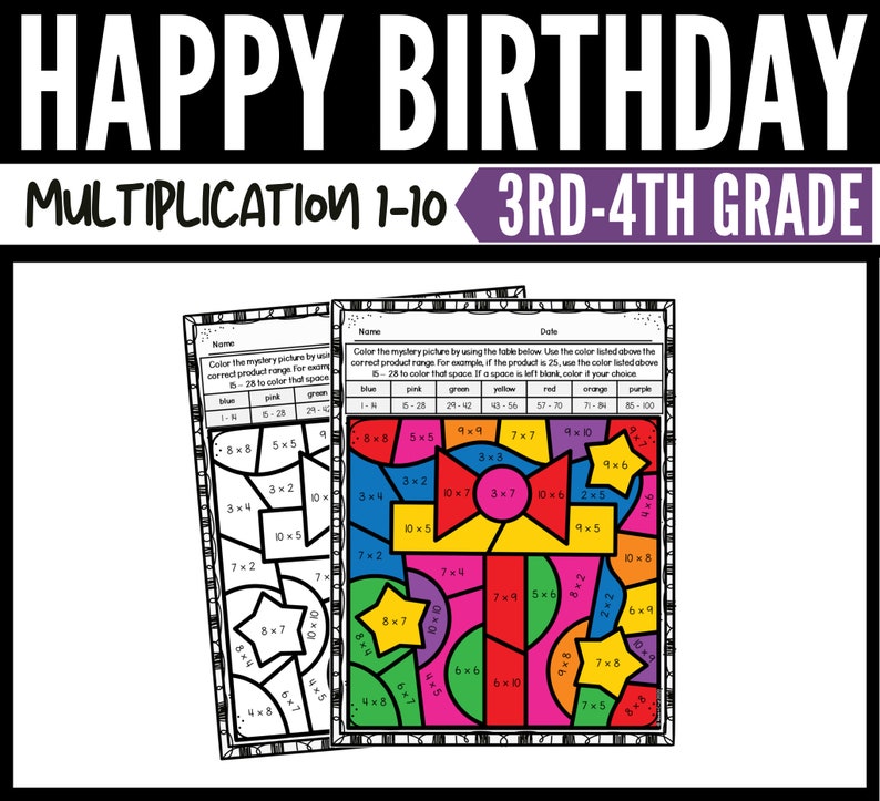 Happy Birthday Multiplication Color by Number Worksheets for 3rd Grade ...