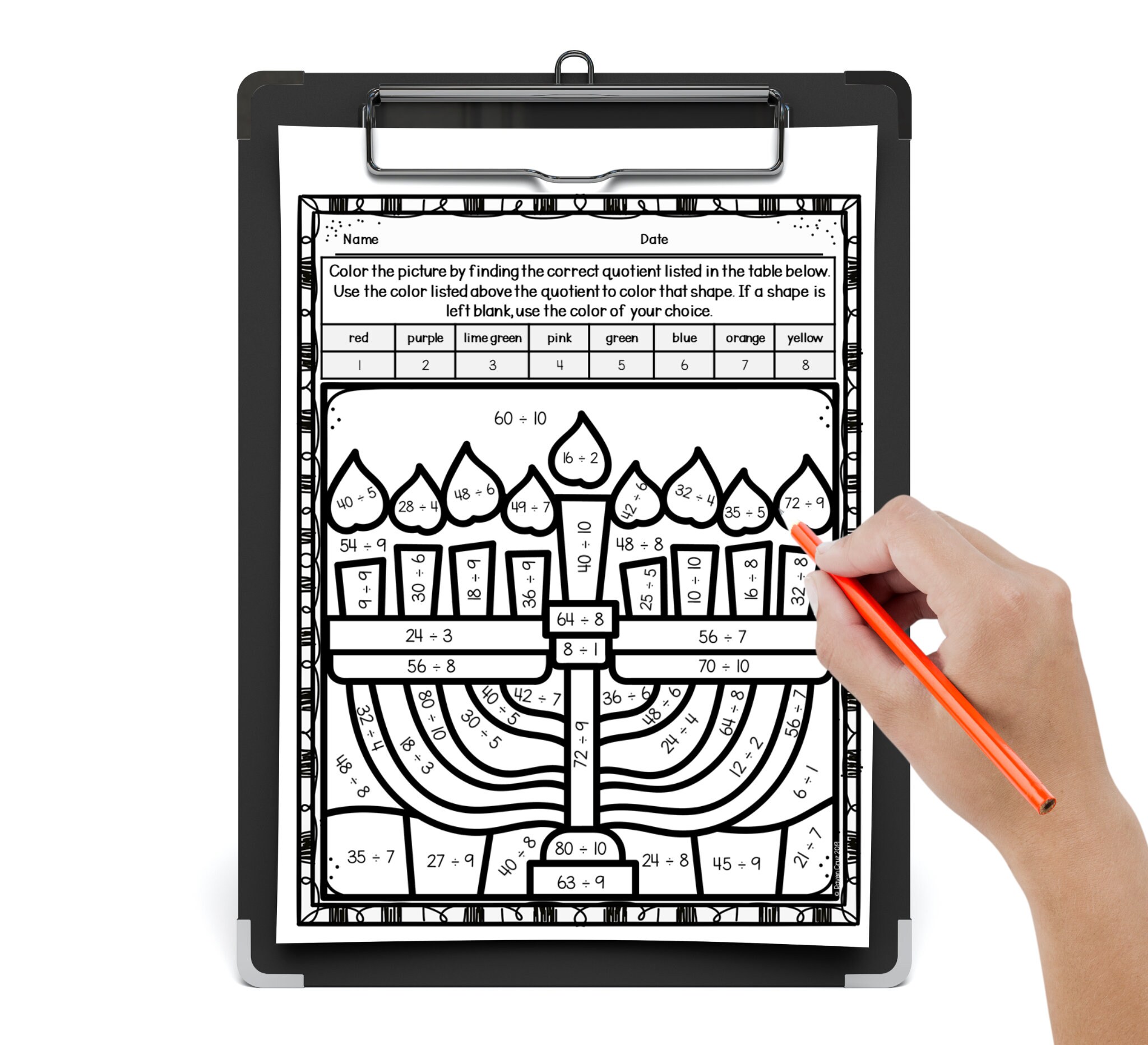 Hanukkah Color by Number Division Worksheets for 3rd Grade and 4th ...