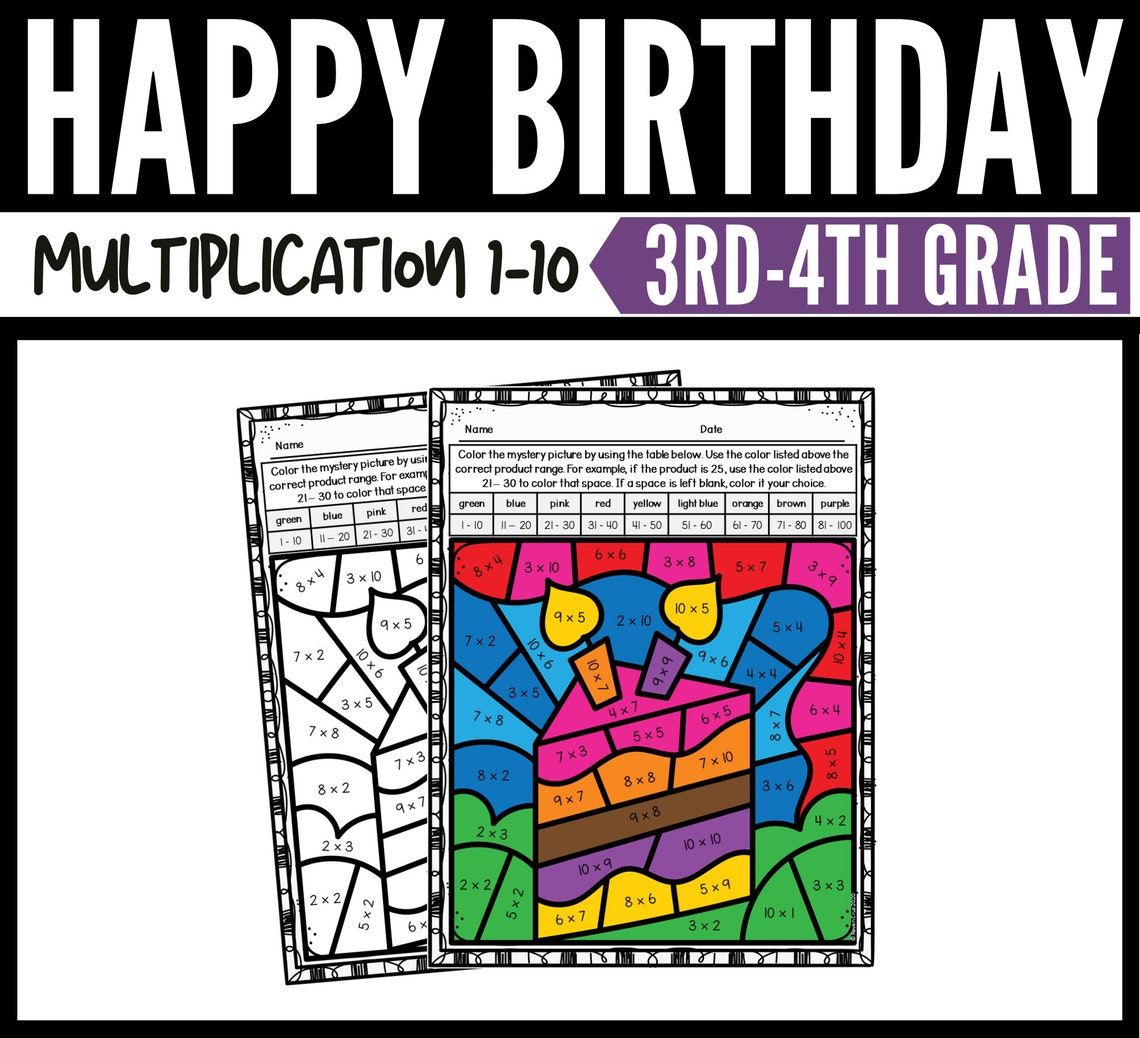 Happy Birthday Multiplication Color by Number Worksheets for 3rd Grade ...