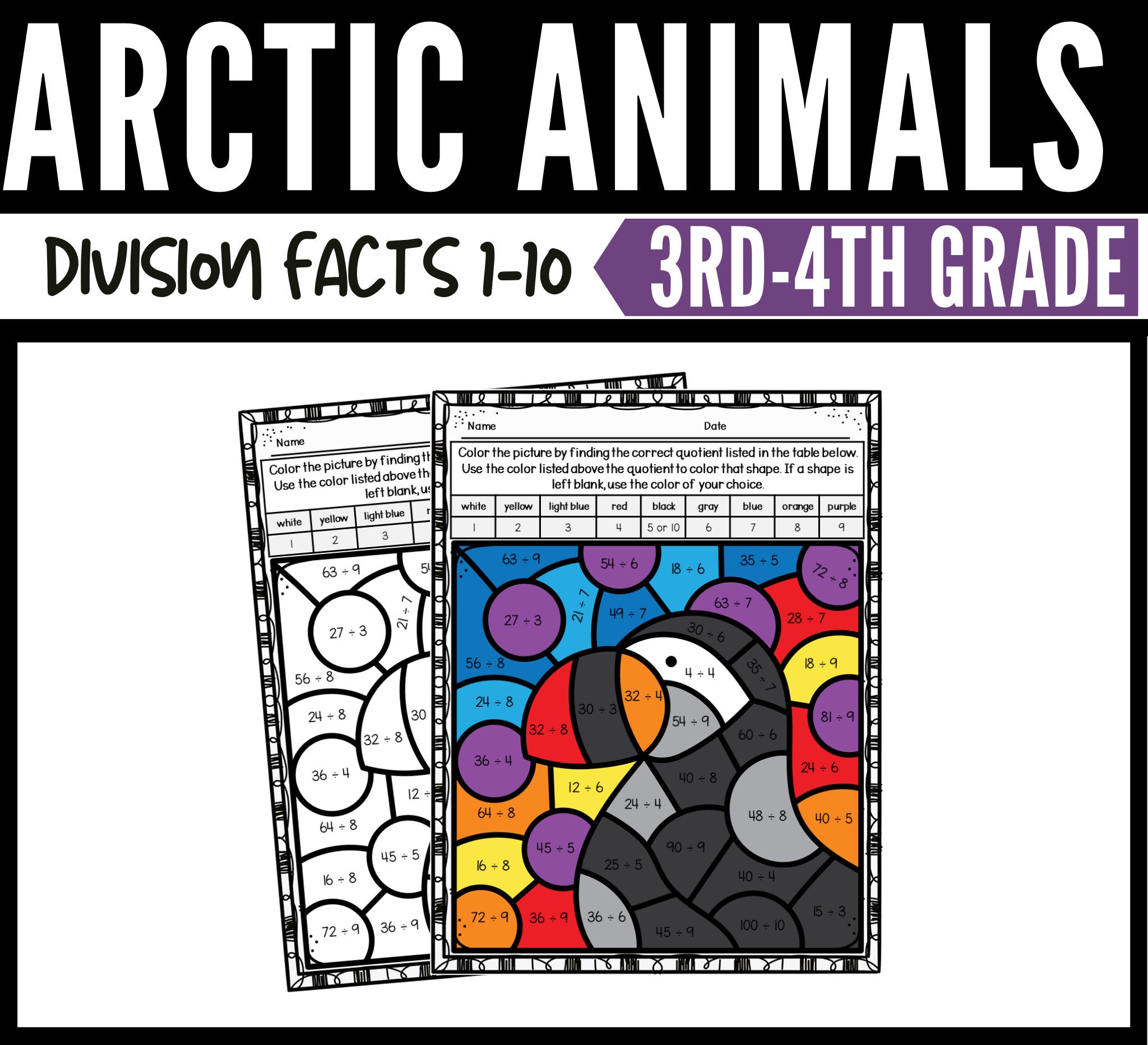 Arctic Animals Division Color by Number Worksheets for 3rd Grade and ...