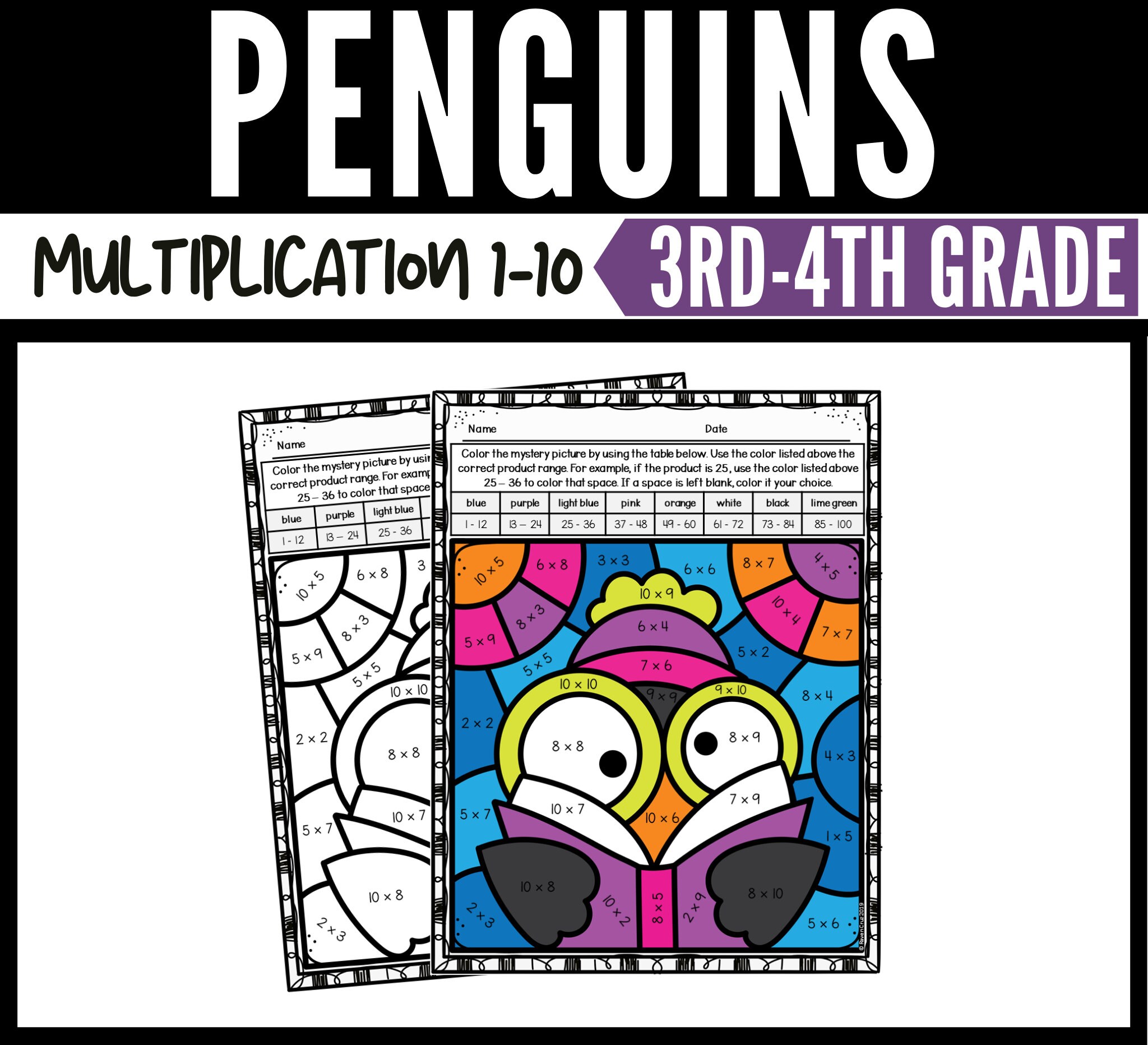 Penguin Multiplication Color by Number Worksheets for 3rd Grade and 4th ...