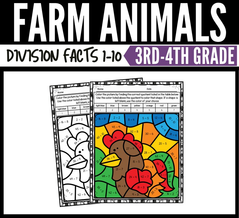 Farm Animals Division Color by Number Worksheets | 3rd Grade Math ...