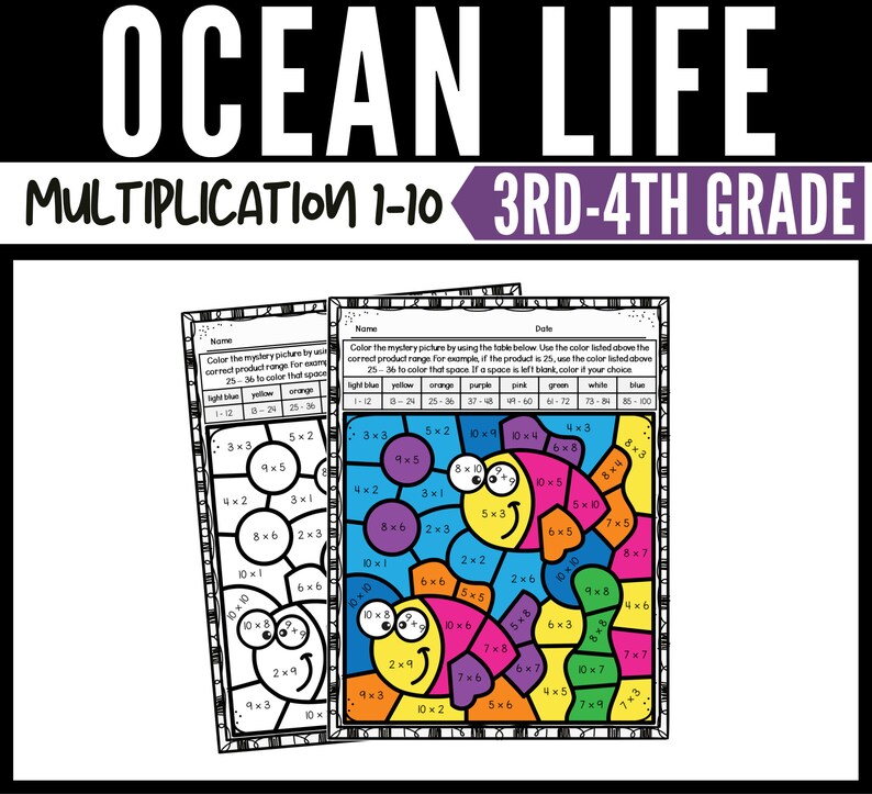 Sea and Ocean Animal Color by Number Multiplication Worksheets | - Etsy