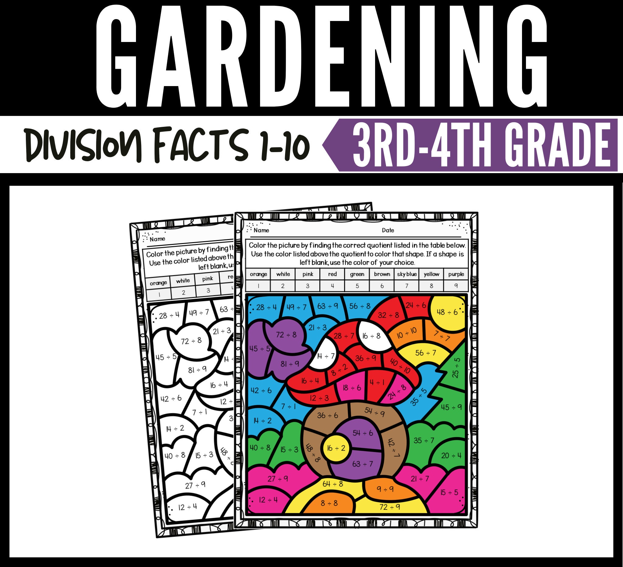 Gardening Division Color by Number Worksheets for 3rd Grade and 4th ...