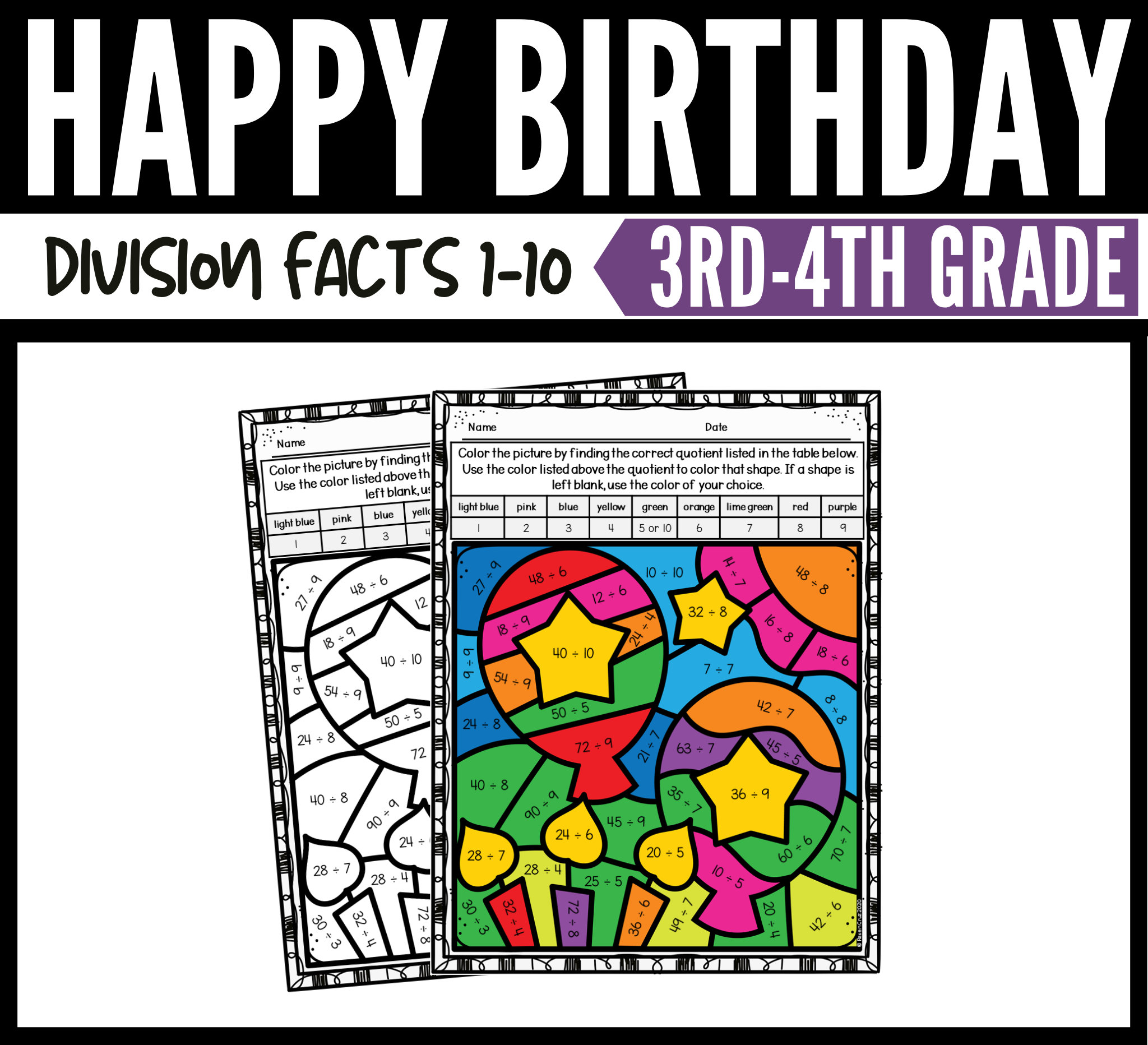 Happy Birthday Division Color by Number Worksheets for 3rd Grade and ...