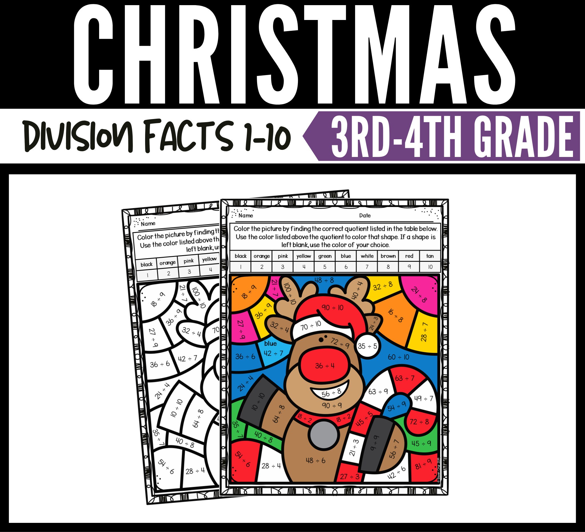 Christmas Color by Number Division Printable Worksheet, 3rd-grade 4th ...