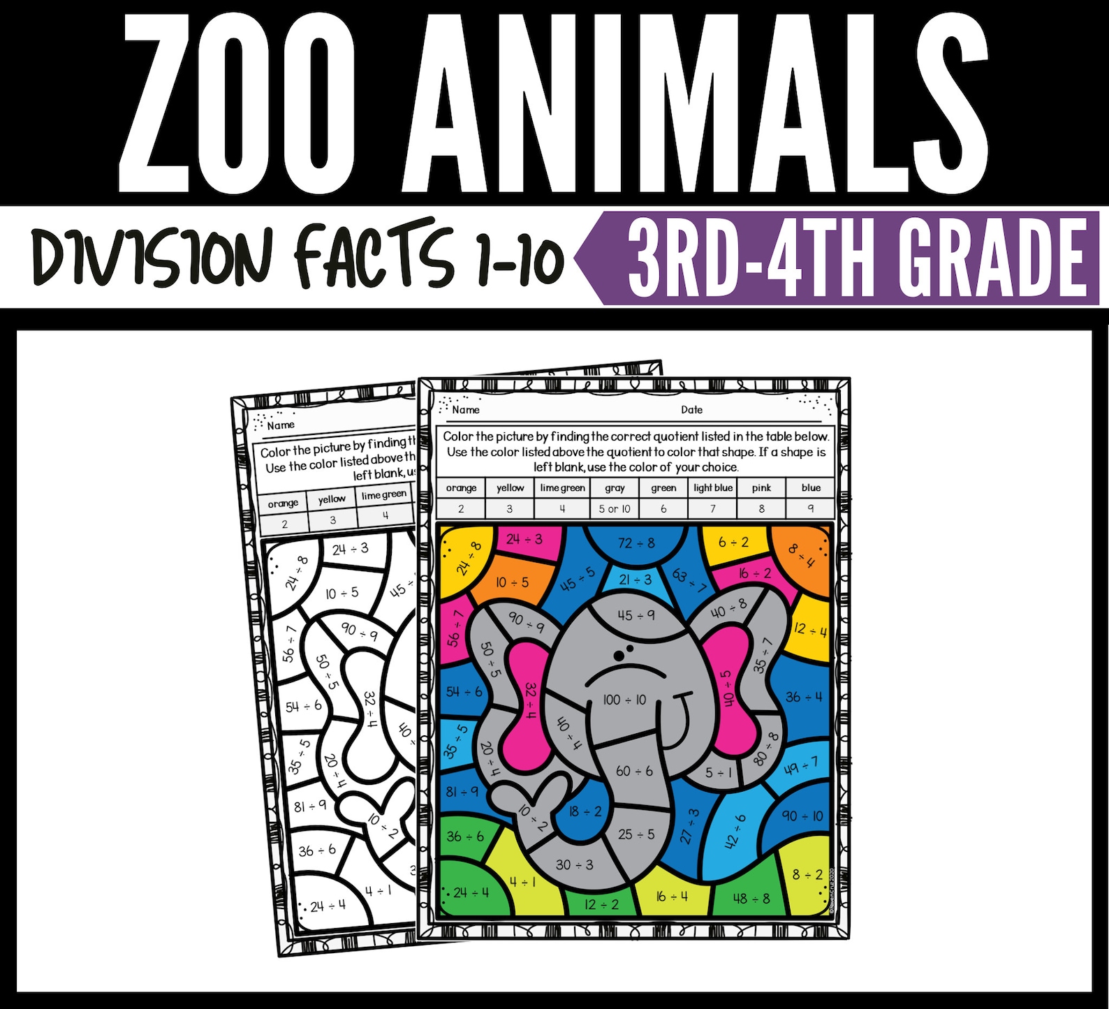 Zoo Animals Division Color by Number Worksheets | 3rd Grade and 4th ...