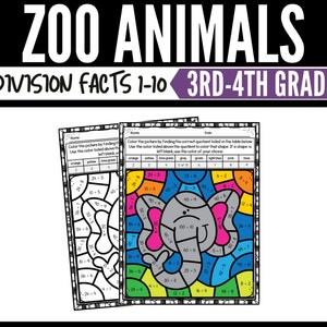 Zoo Animals Division Color by Number Worksheets | 3rd Grade and 4th ...
