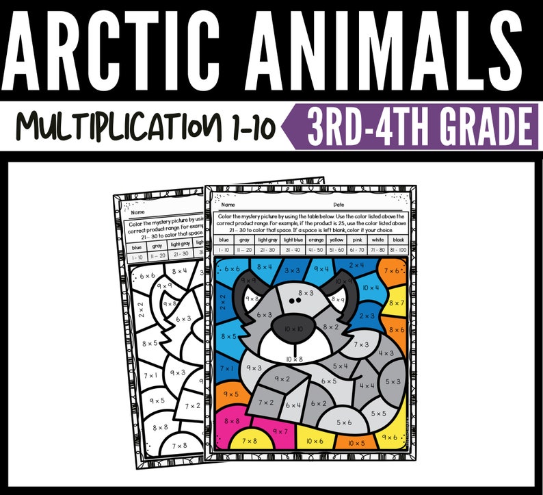 Arctic Animals Multiplication Color by Number Activity for 3rd-grade ...