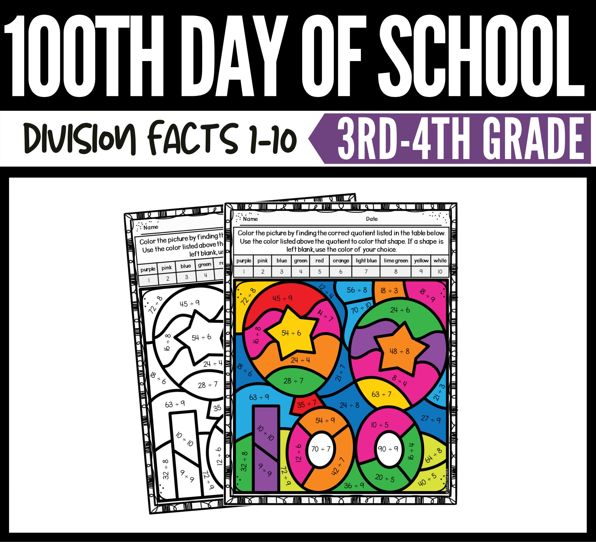 100 Days of School Division Color by Number Worksheets for 3rd Grade ...