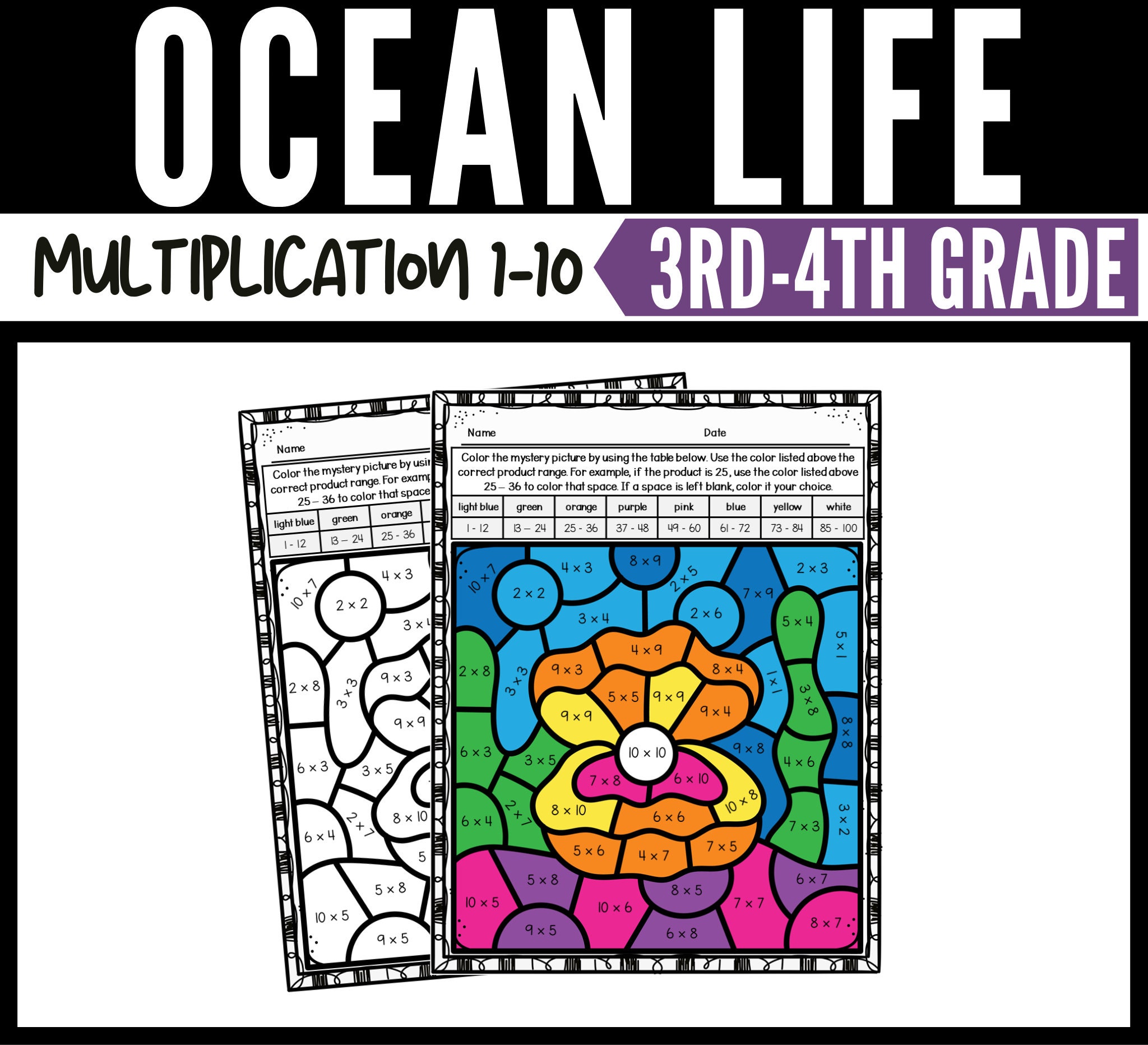 Sea and Ocean Animal Color by Number Multiplication Worksheets | - Etsy