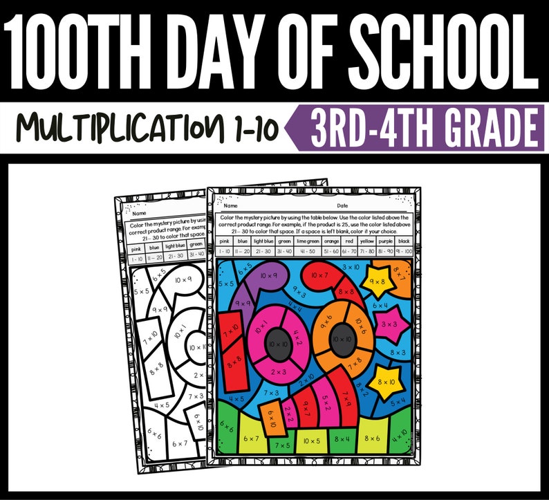 100 Days of School Multiplication Color by Number Worksheets for 3rd ...