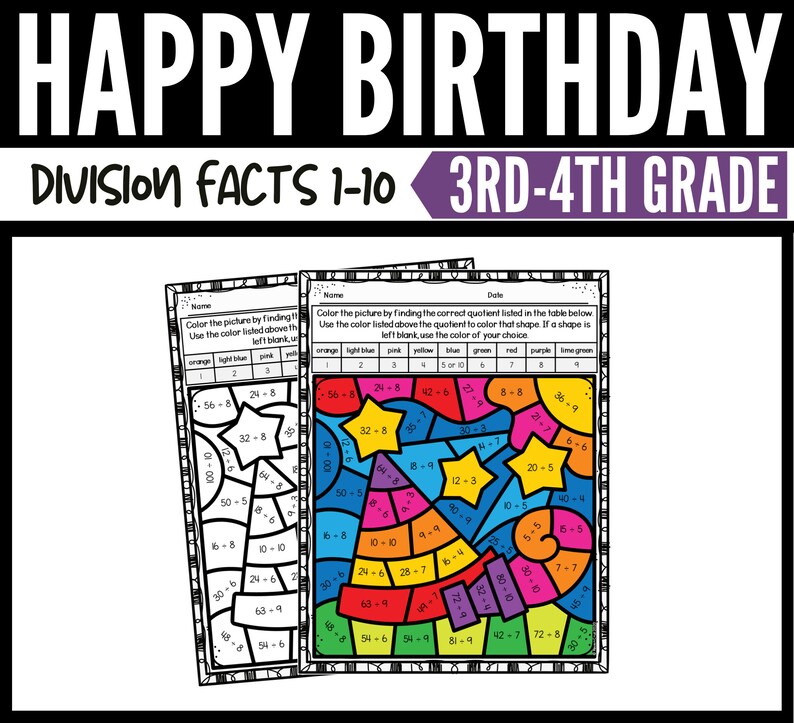 Happy Birthday Division Color by Number Worksheets for 3rd Grade and ...
