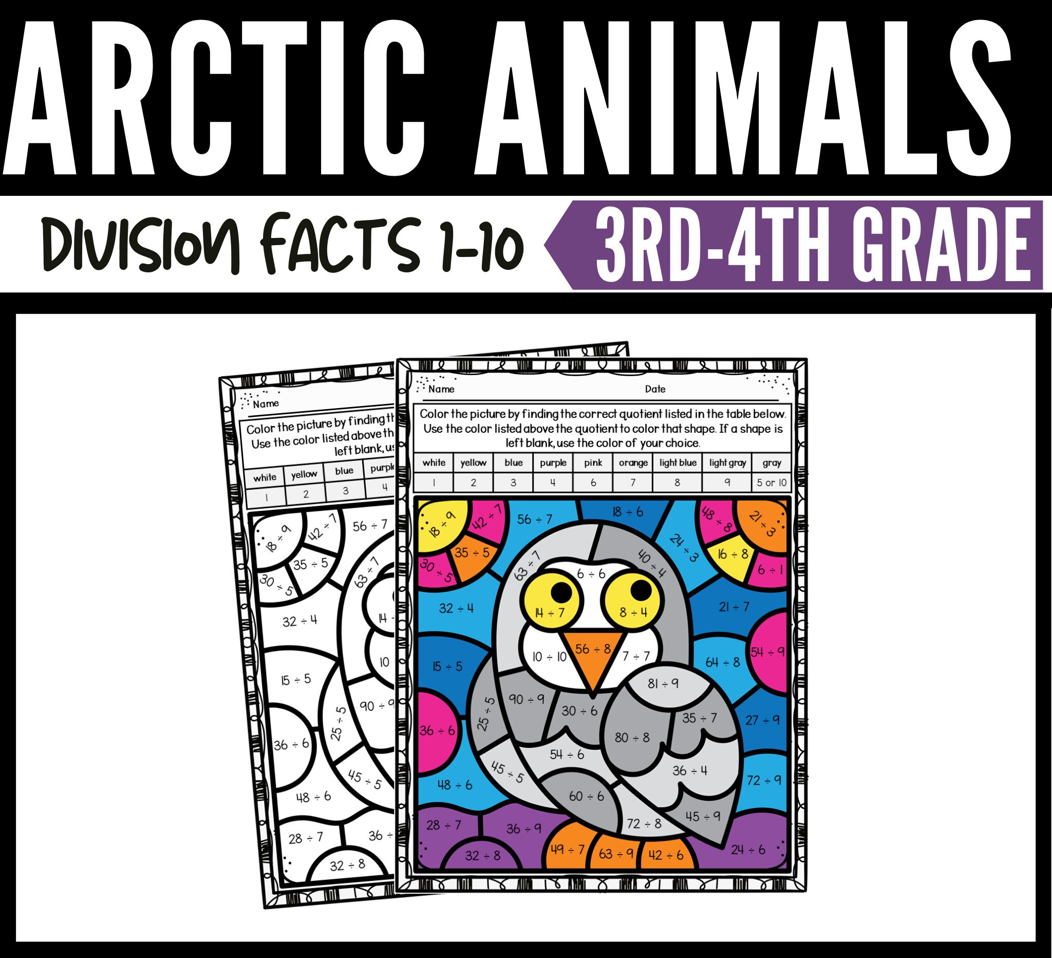 Arctic Animals Division Color by Number Worksheets for 3rd Grade and ...