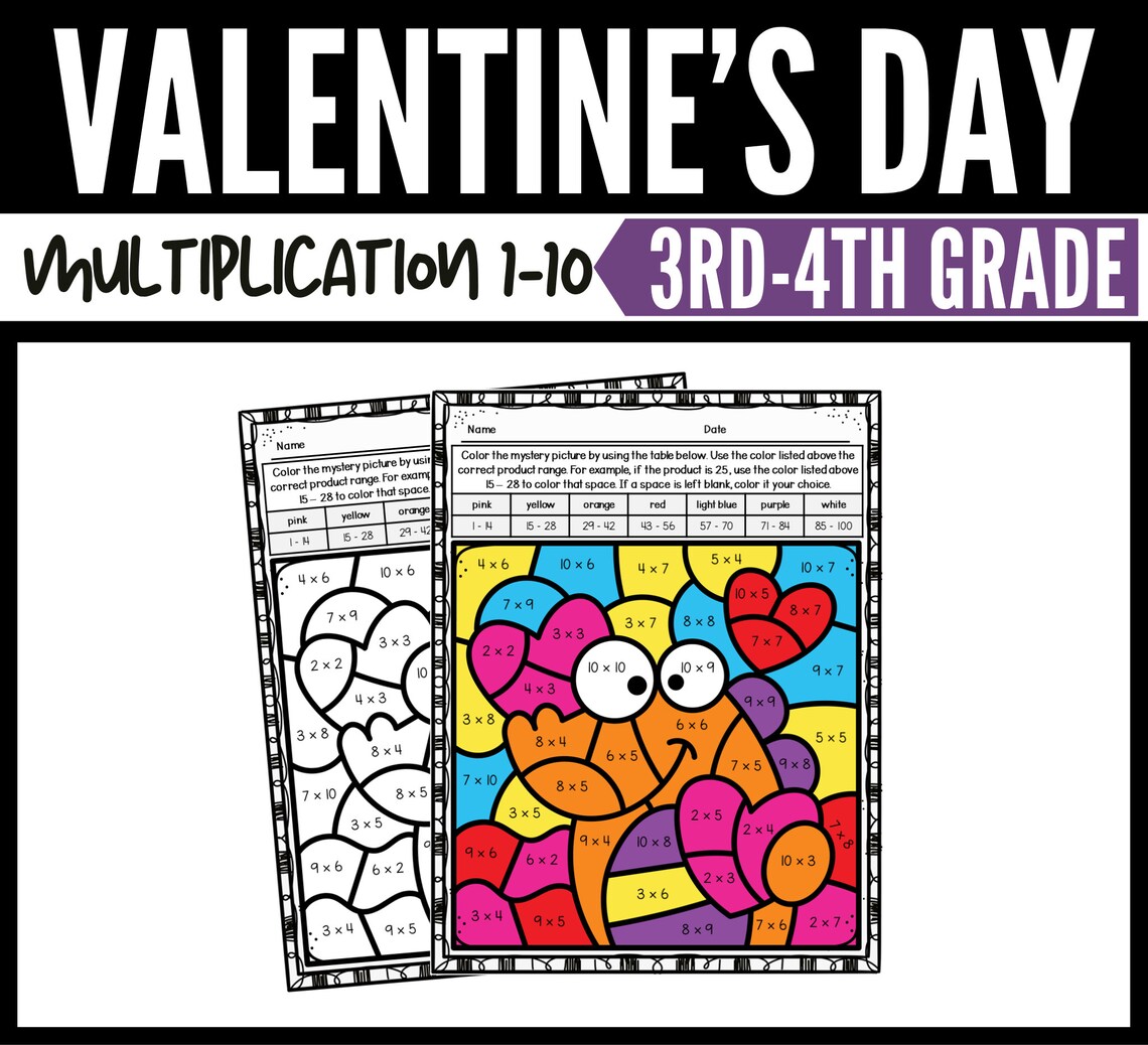 Valentine's Day Color by Number Multiplication Worksheets for 3rd Grade ...