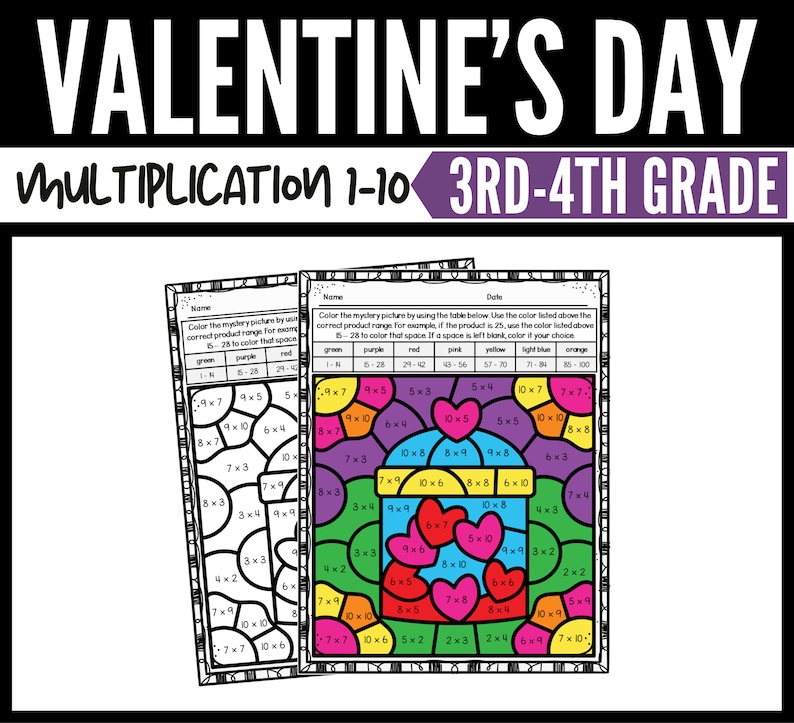 Valentine's Day Color by Number Multiplication Worksheets for 3rd Grade ...