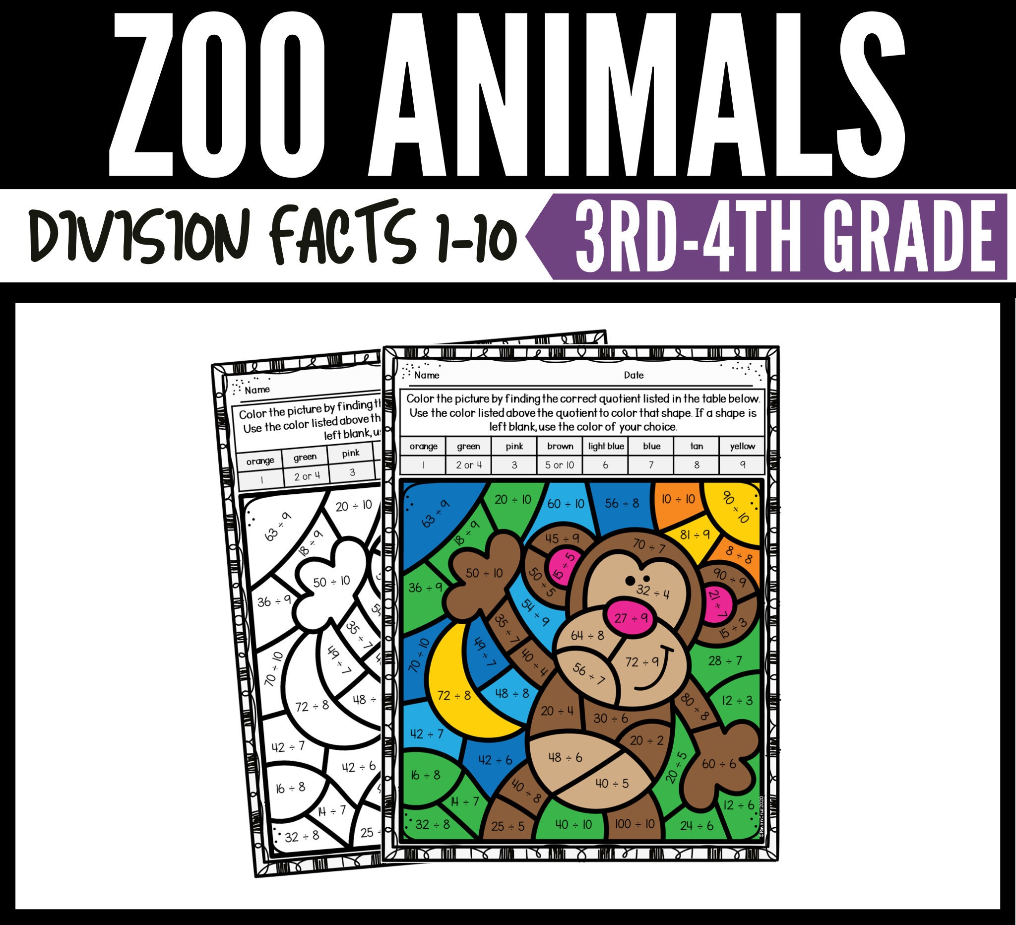 Zoo Animals Division Color by Number Worksheets | 3rd Grade and 4th ...