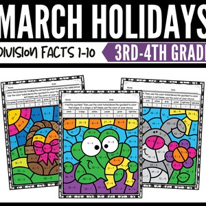 March Holiday Color by Number Division Worksheets St. Patrick's Day ...