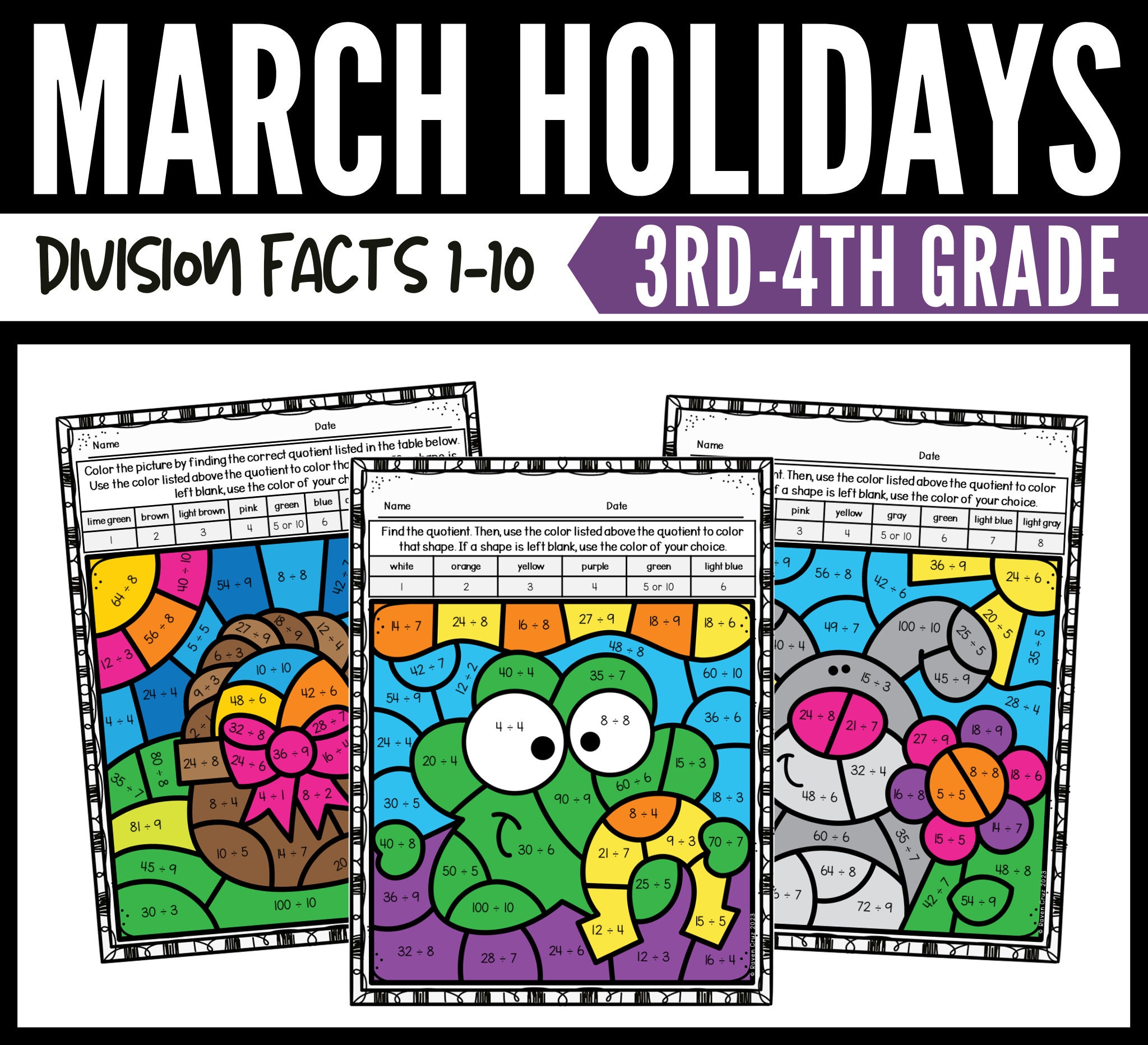 March Holiday Color by Number Division Worksheets St. Patrick's Day ...