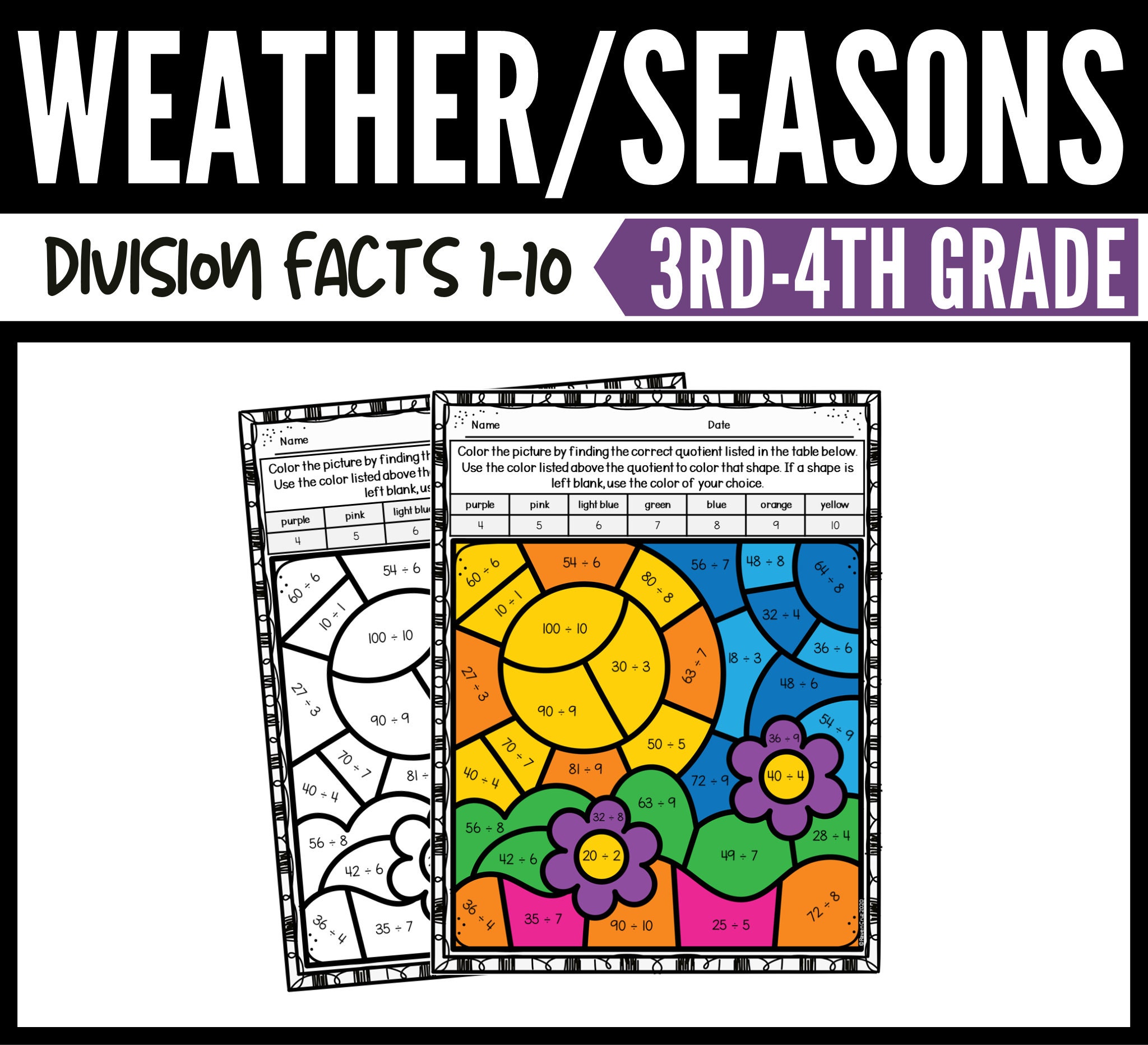 Weather and Seasons Division Color by Number Worksheets | 3rd Grade and ...