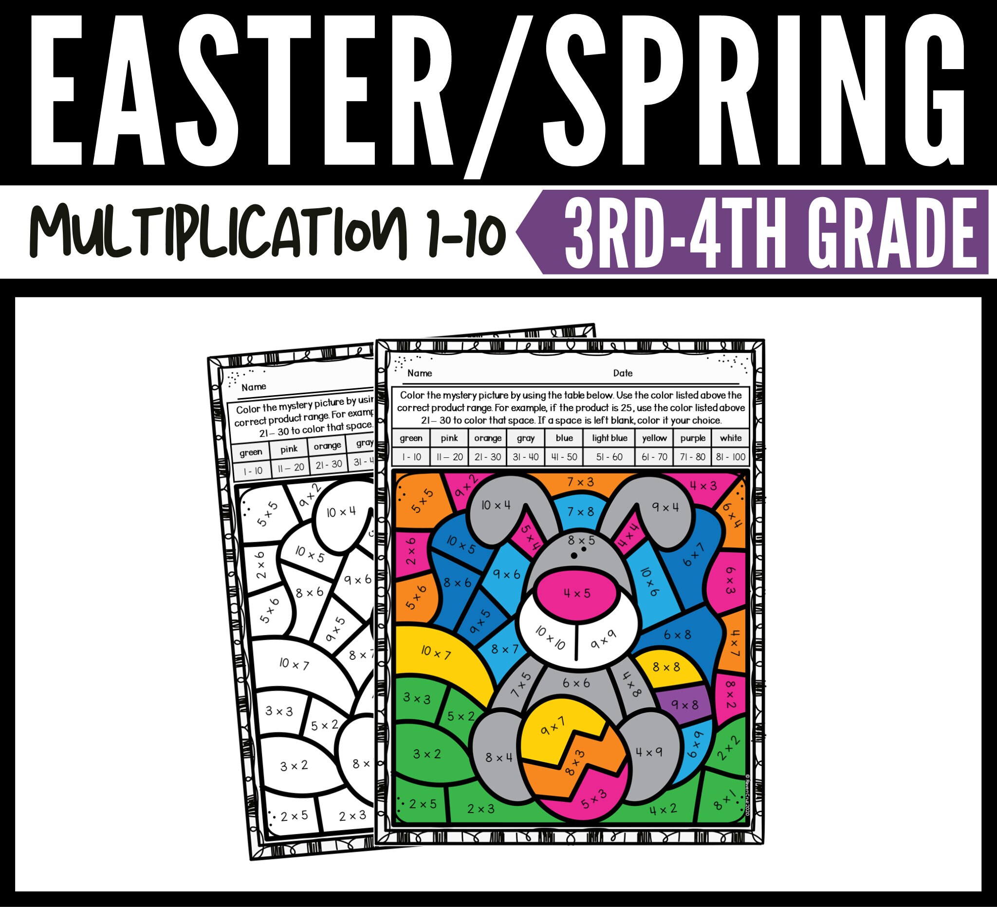 Easter Color by Number Multiplication Worksheets for 3rd Grade and 4th ...
