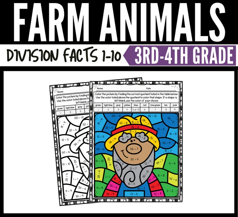 Farm Animals Division Color by Number Worksheets | 3rd Grade Math ...