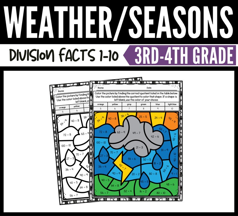 Weather and Seasons Division Color by Number Worksheets | 3rd Grade and ...