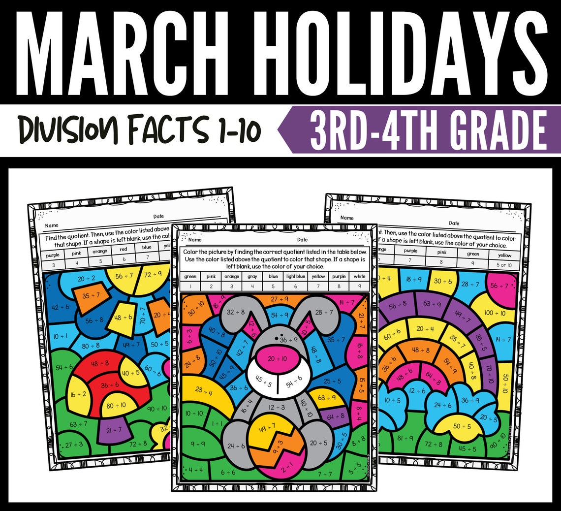 March Holiday Color by Number Division Worksheets St. Patrick's Day ...